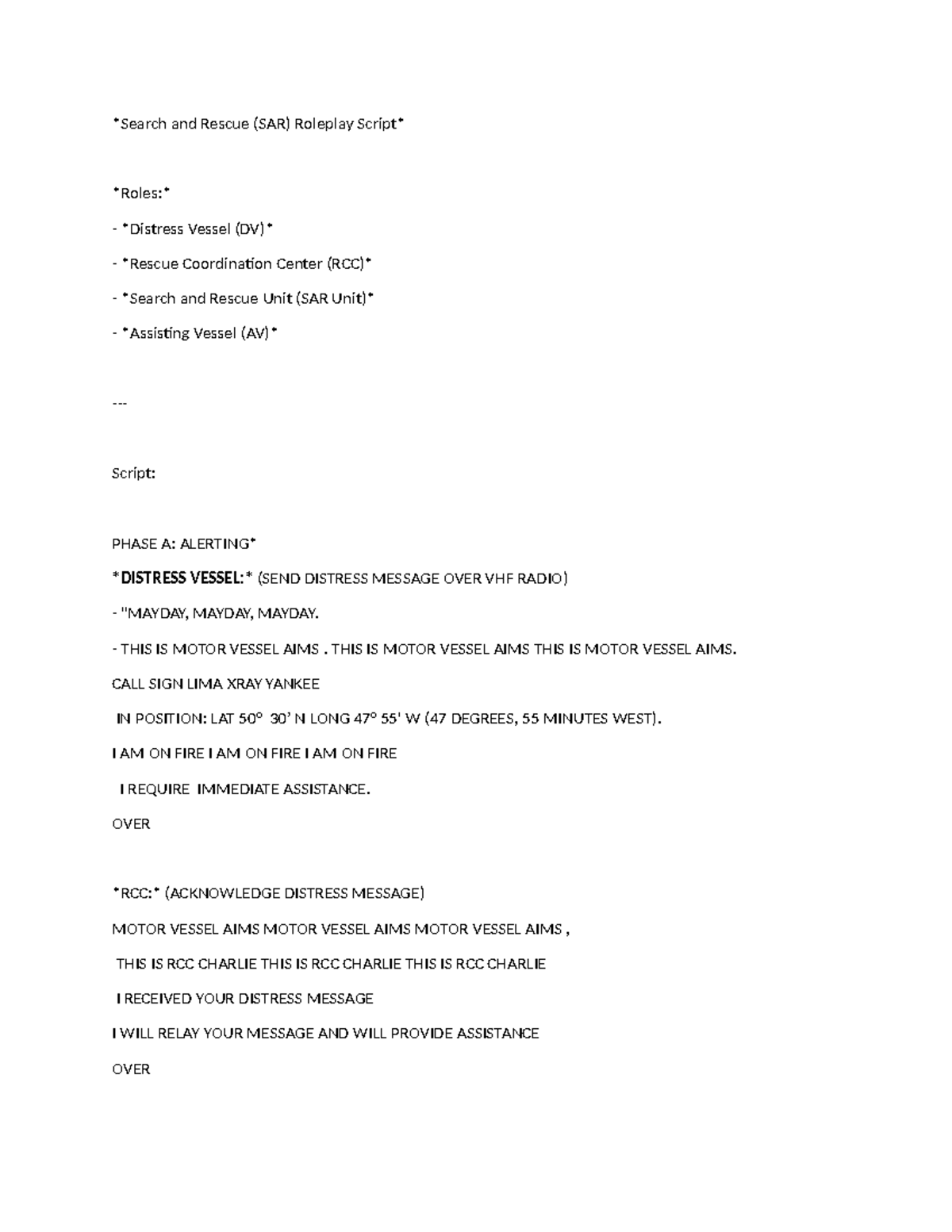 SAR Vessel Coordination Center Roleplay Script - Studocu