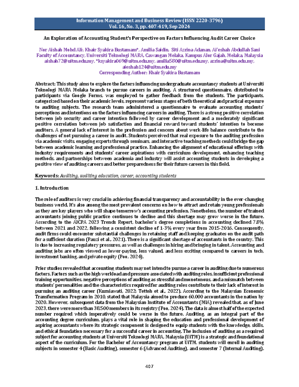 Factors Influencing Audit Career Choices Among Accounting Students (ACC ...