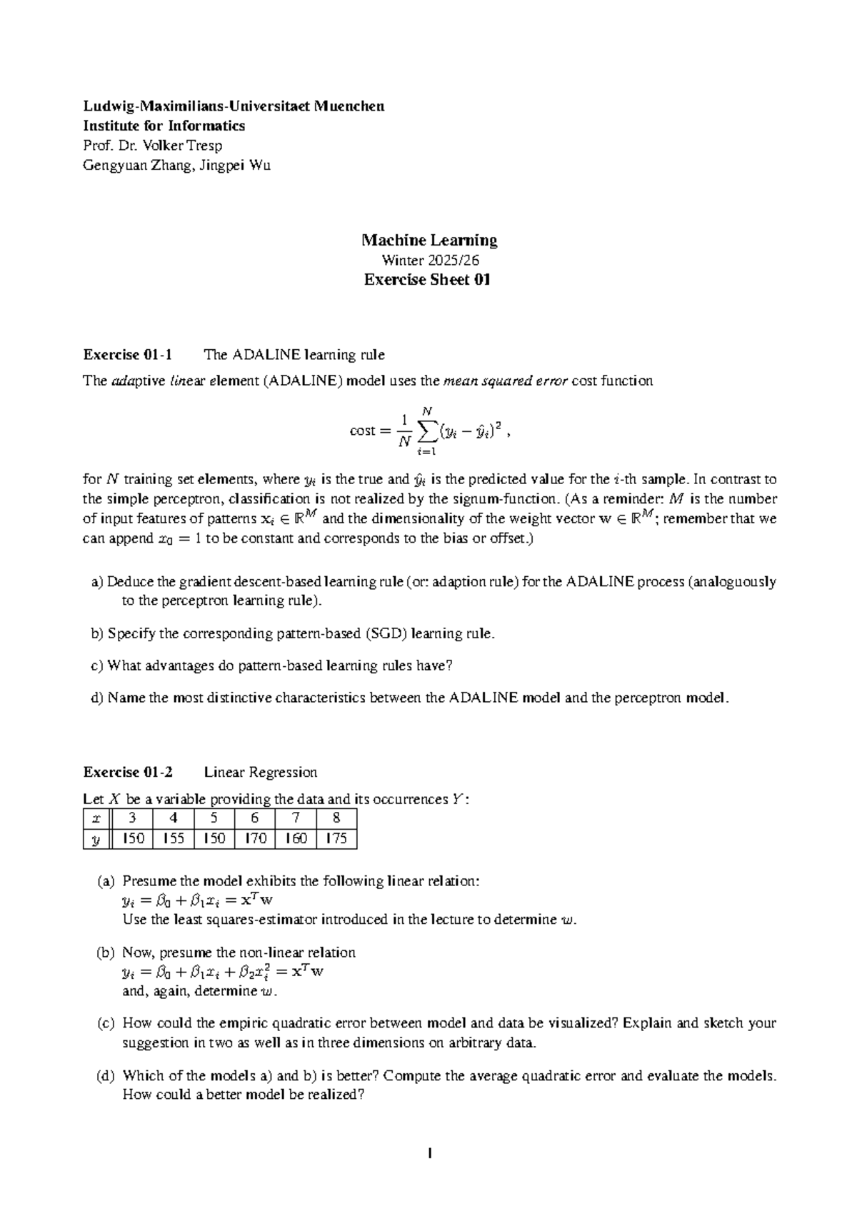 Machine Learning Winter Exercise Sheet 01 - ADALINE & Linear Regression ...