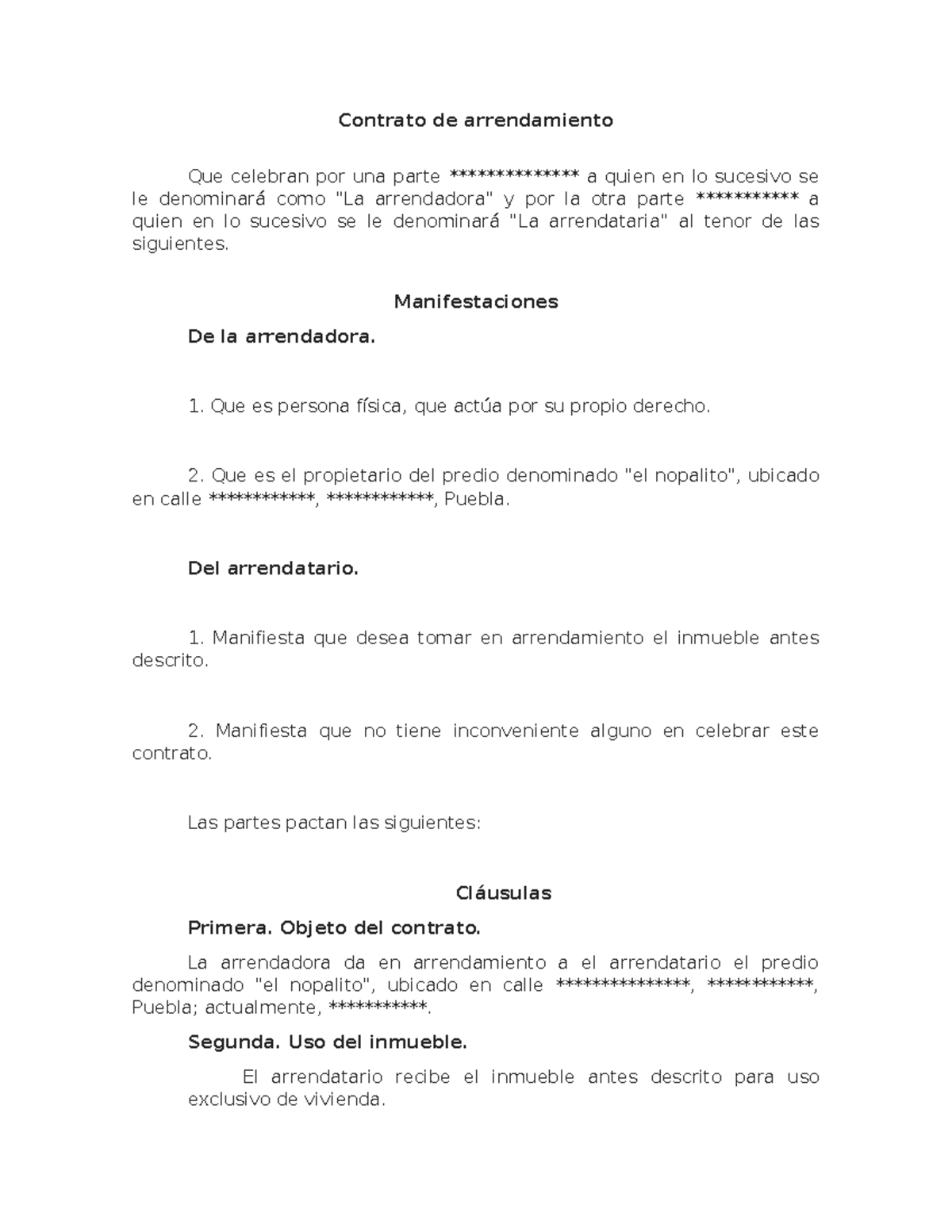 Contrato de Arrendamiento Genérico: Cláusulas y Condiciones - Studocu