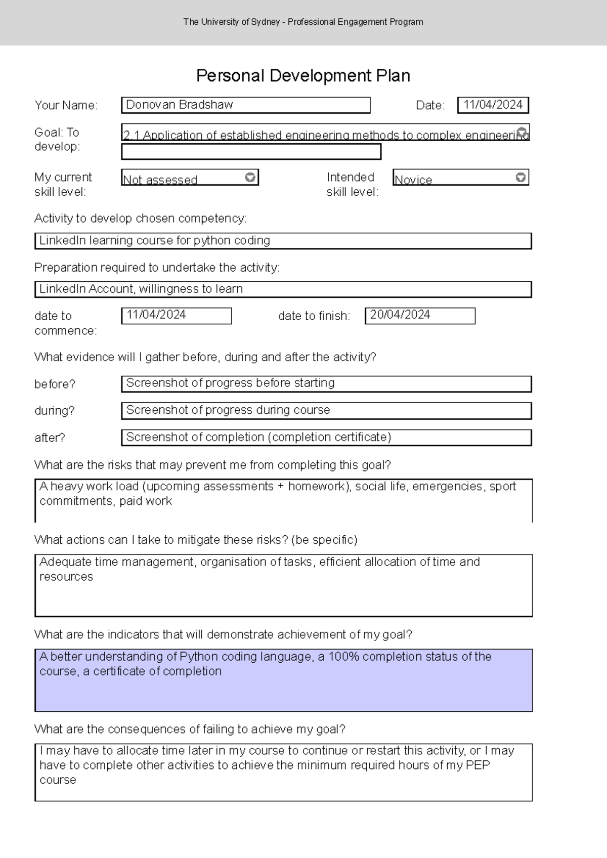 PEP Personal Development Plan - The University of Sydney - Professional ...