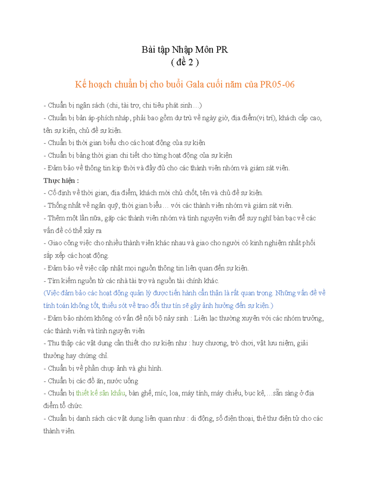 Bài tập Nhập Môn PR - Bài tập Nhập Môn PR - Bài tập Nhập Môn PR ( đề 2 ) Kế hoạch chuẩn bị cho ...