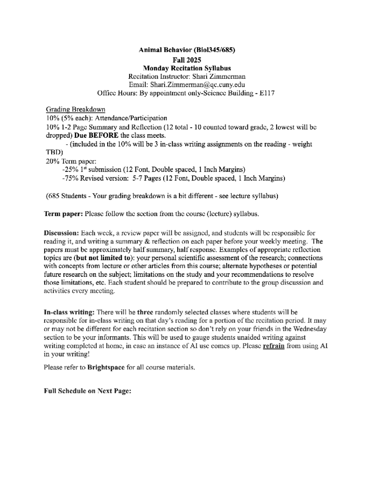 Fall 2025 BIOL 345W Animal Behavior Monday Recitation Syllabus - Studocu