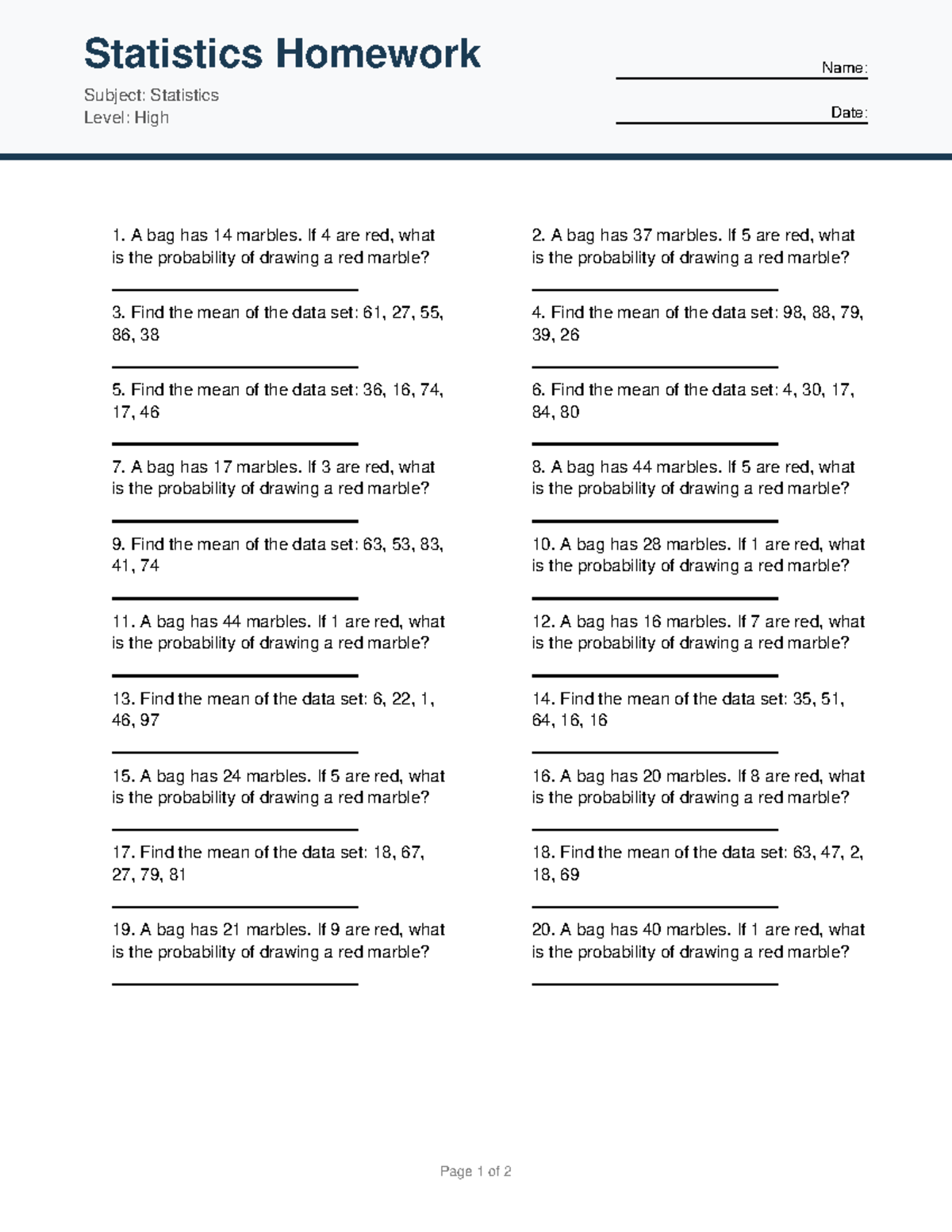 Statistics Homework 1 - Probabilities and Means Analysis - Studocu