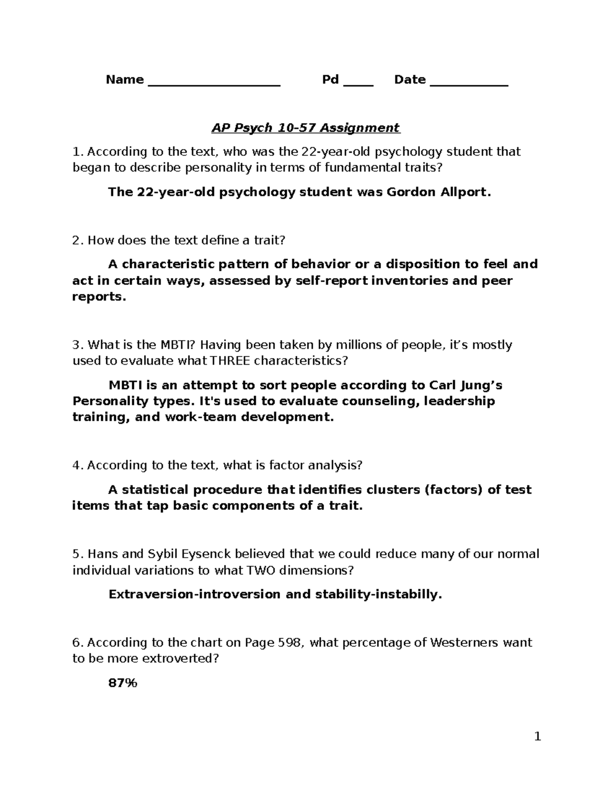 AP Psych 10-57 Personality Traits and Assessments Assignment - Studocu