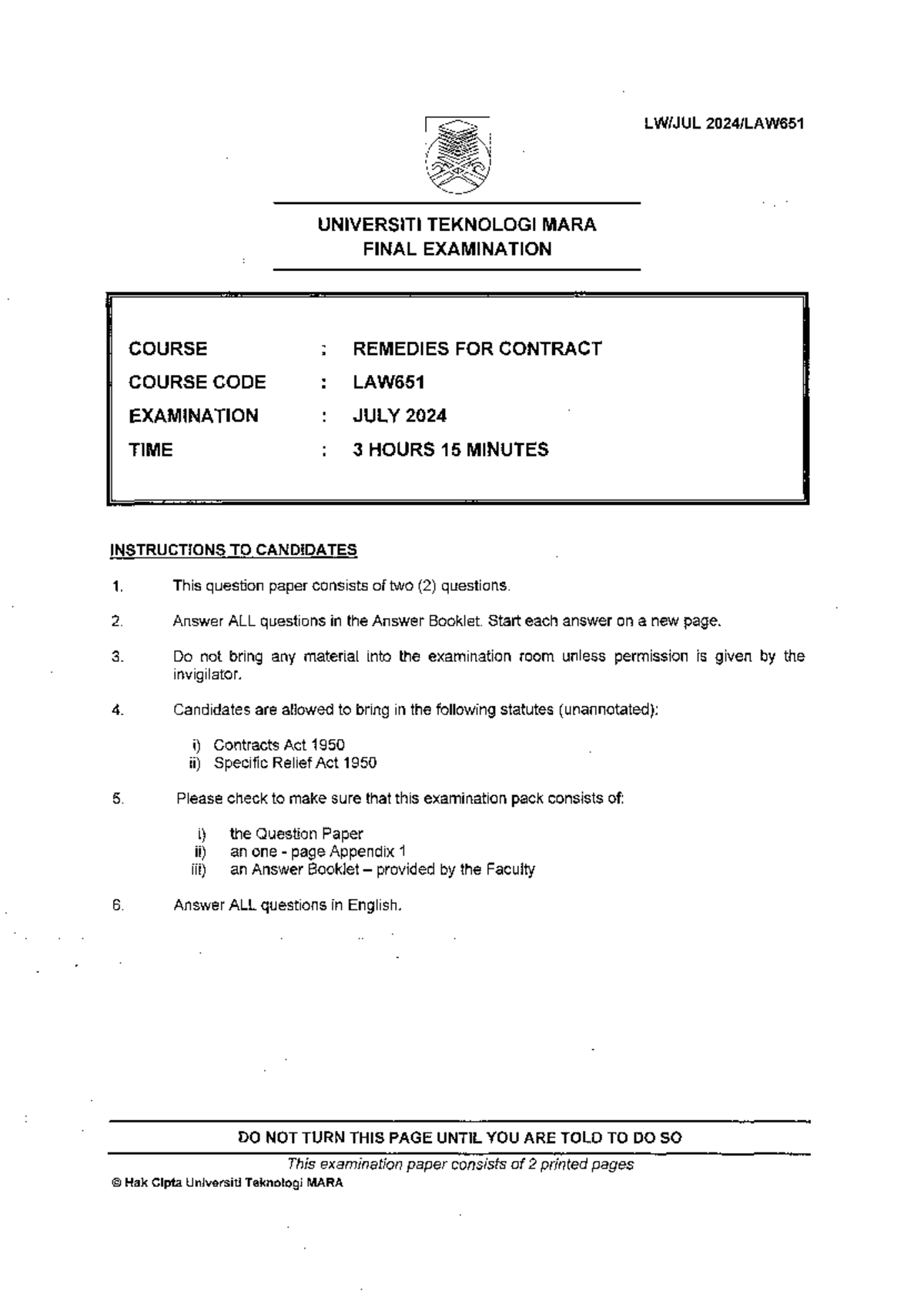 LAW651 - FINAL EXAMINATION QUESTIONS ON CONTRACT REMEDIES - Studocu