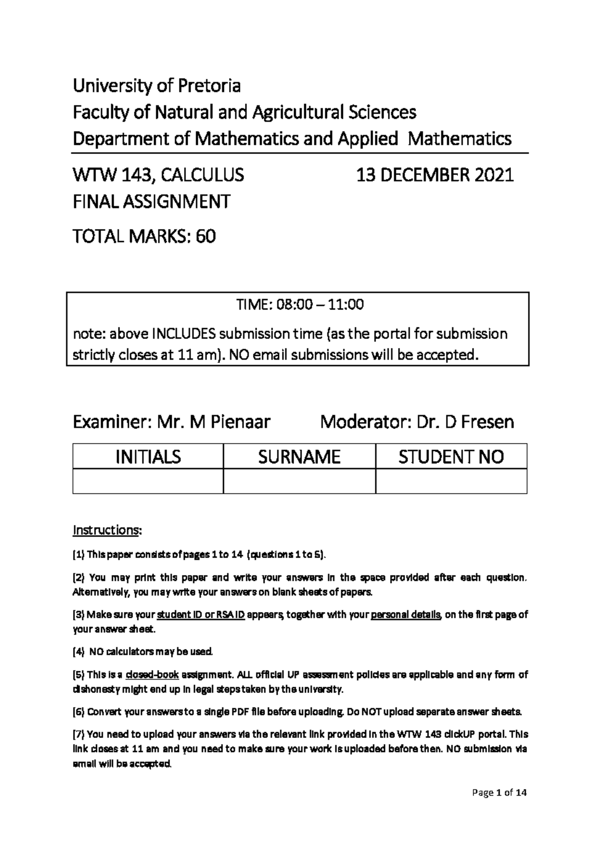 WTW 143 Examination (13 December 2021) - University of Pretoria Faculty ...