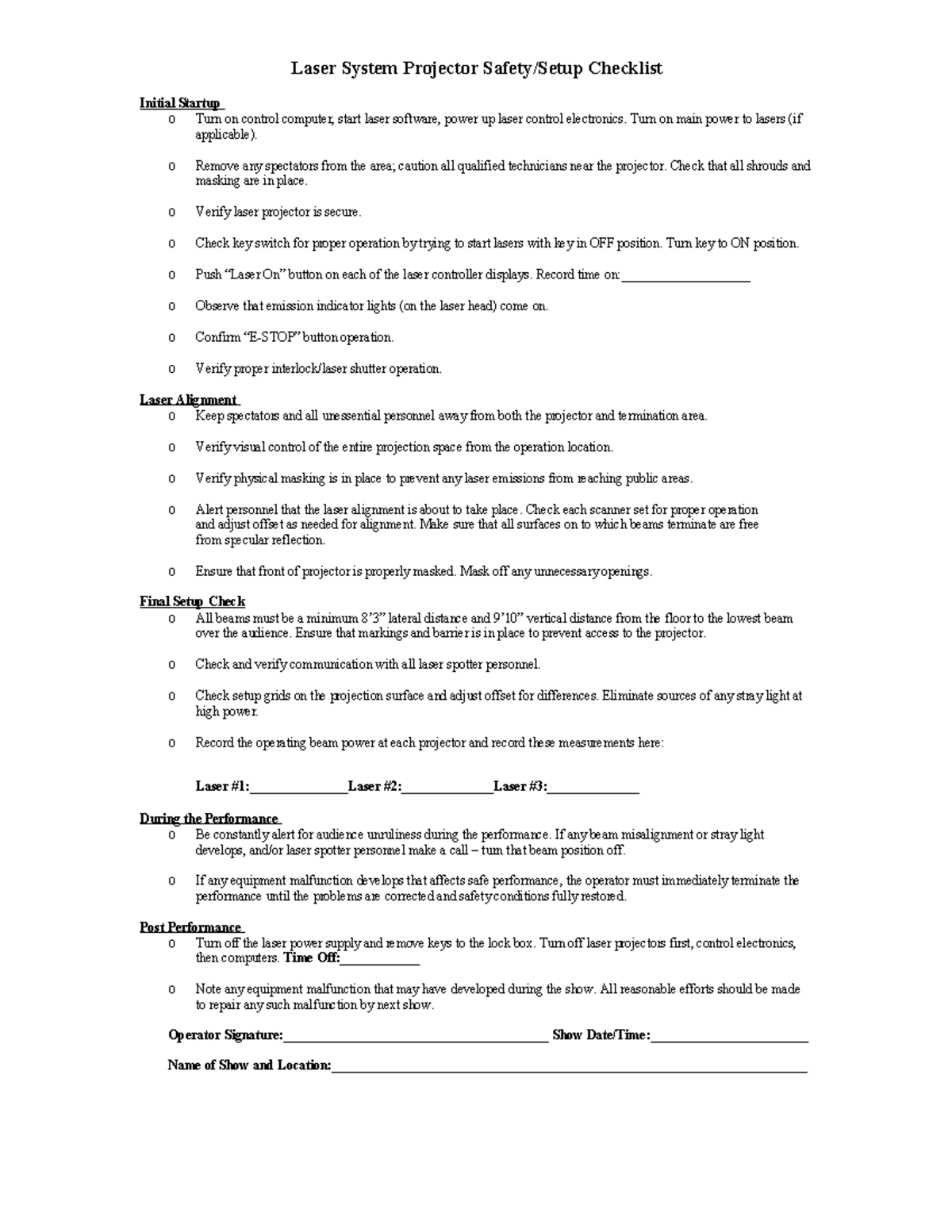 Simple Laser Safety Checklist - Laser System Projector Safety/Setup ...