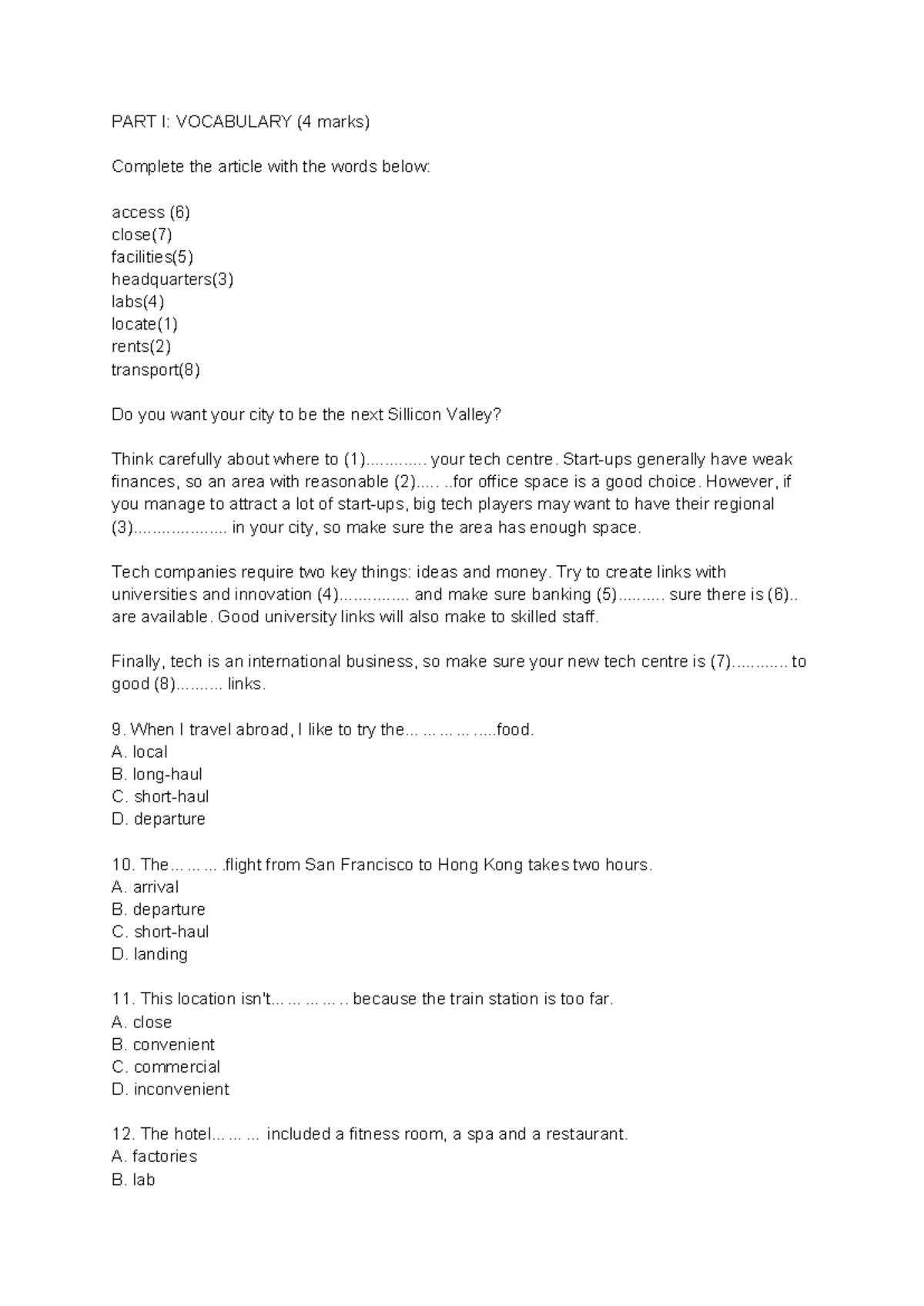 PART I: VOCABULARY EXERCISES (4 marks) for Course Code: TRAC 101 - Studocu