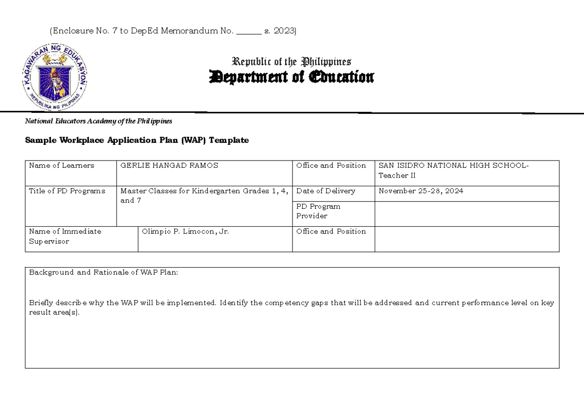 WAP Template for PD Programs: Sample Workplace Application Plan - Studocu