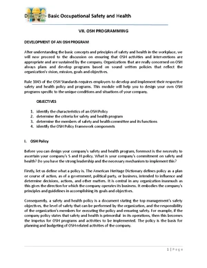 Module 7_Occupational Safety and Health Programming - VII. OSH ...