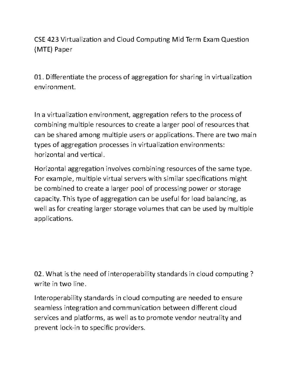 CSE 423 Virtualization and Cloud Computing Mid Term Exam Question - In a virtualization ...