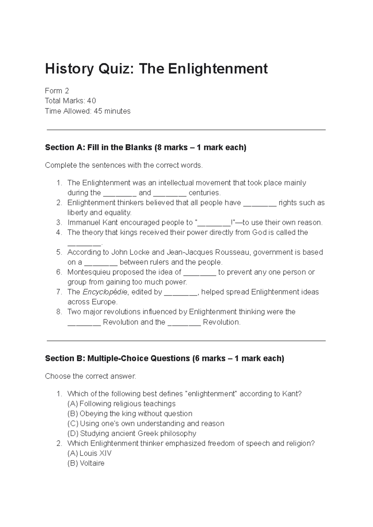 S2 History Quiz: The Enlightenment Overview and Questions - Studocu