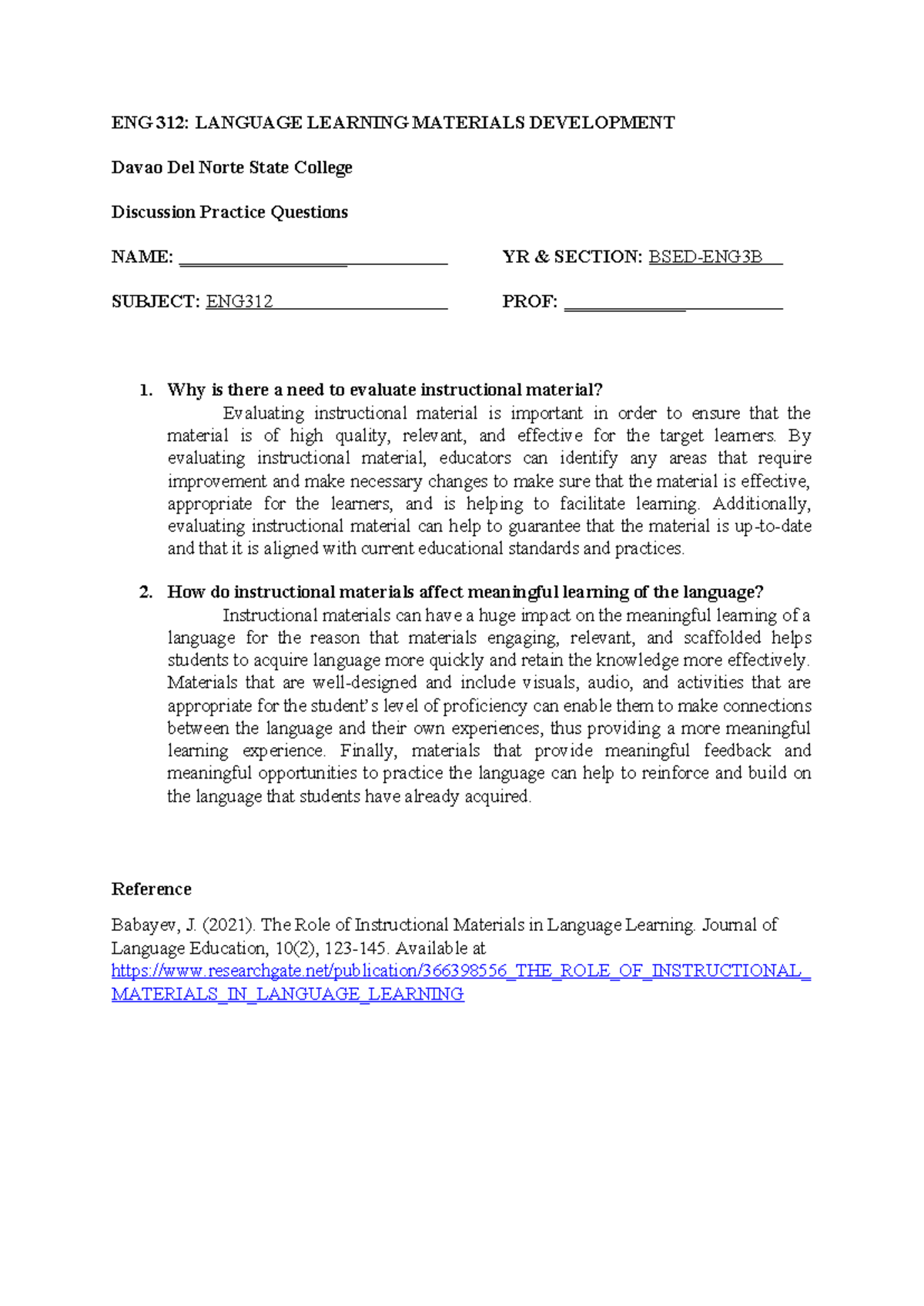 ENG 312 Language Learning Materials Development Davao Del Norte State ...