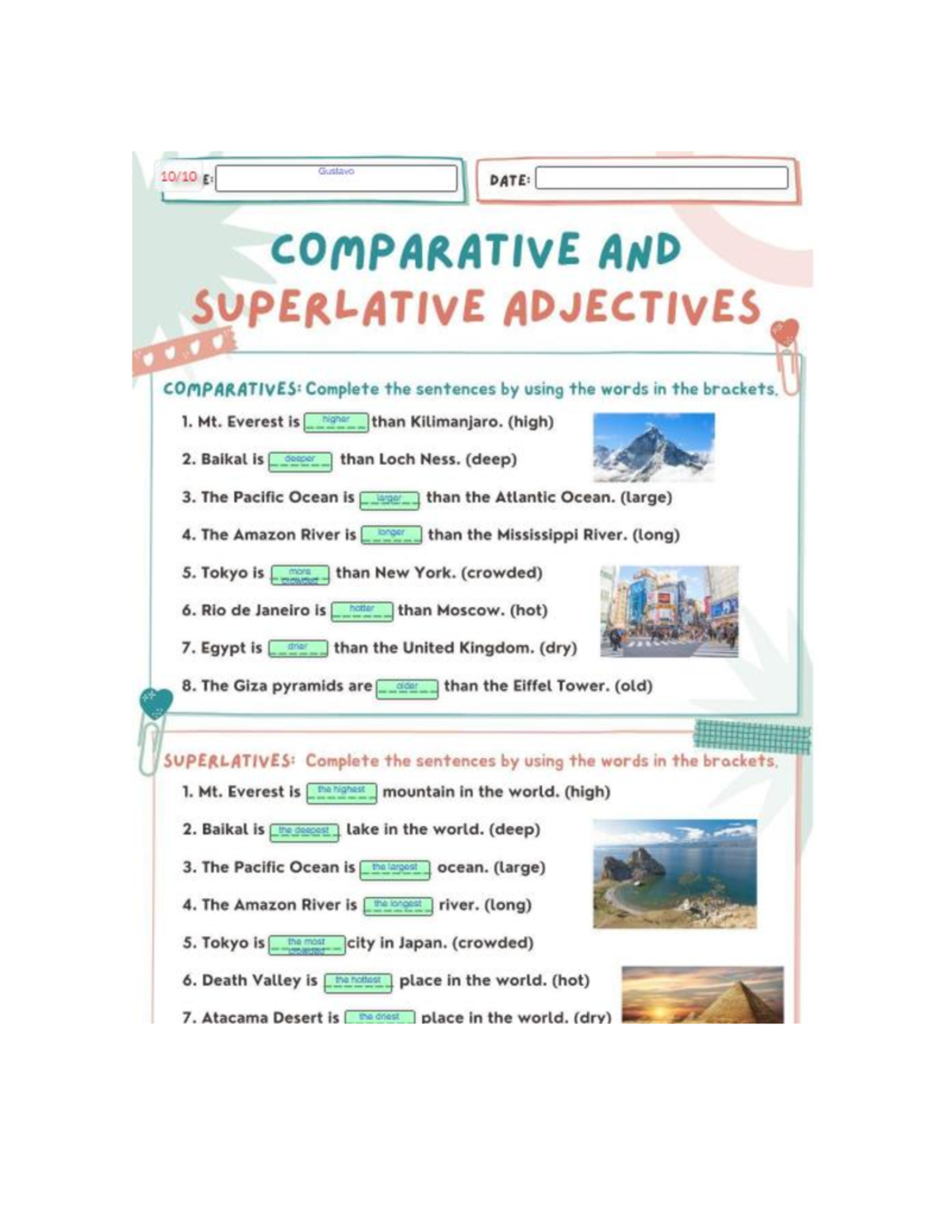 Comparatives & Superlatives Practice Worksheet for ESL Students - Studocu