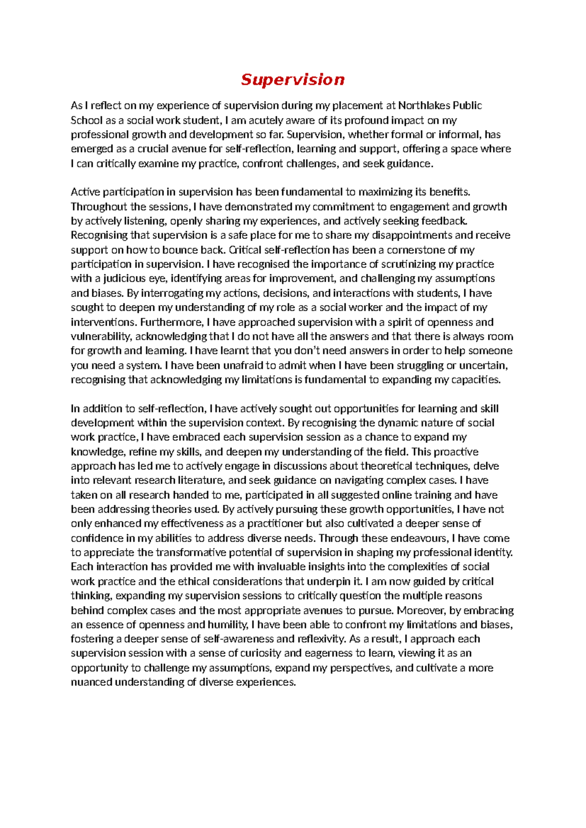 Reflection on Supervision Experience in Social Work Placement - Studocu