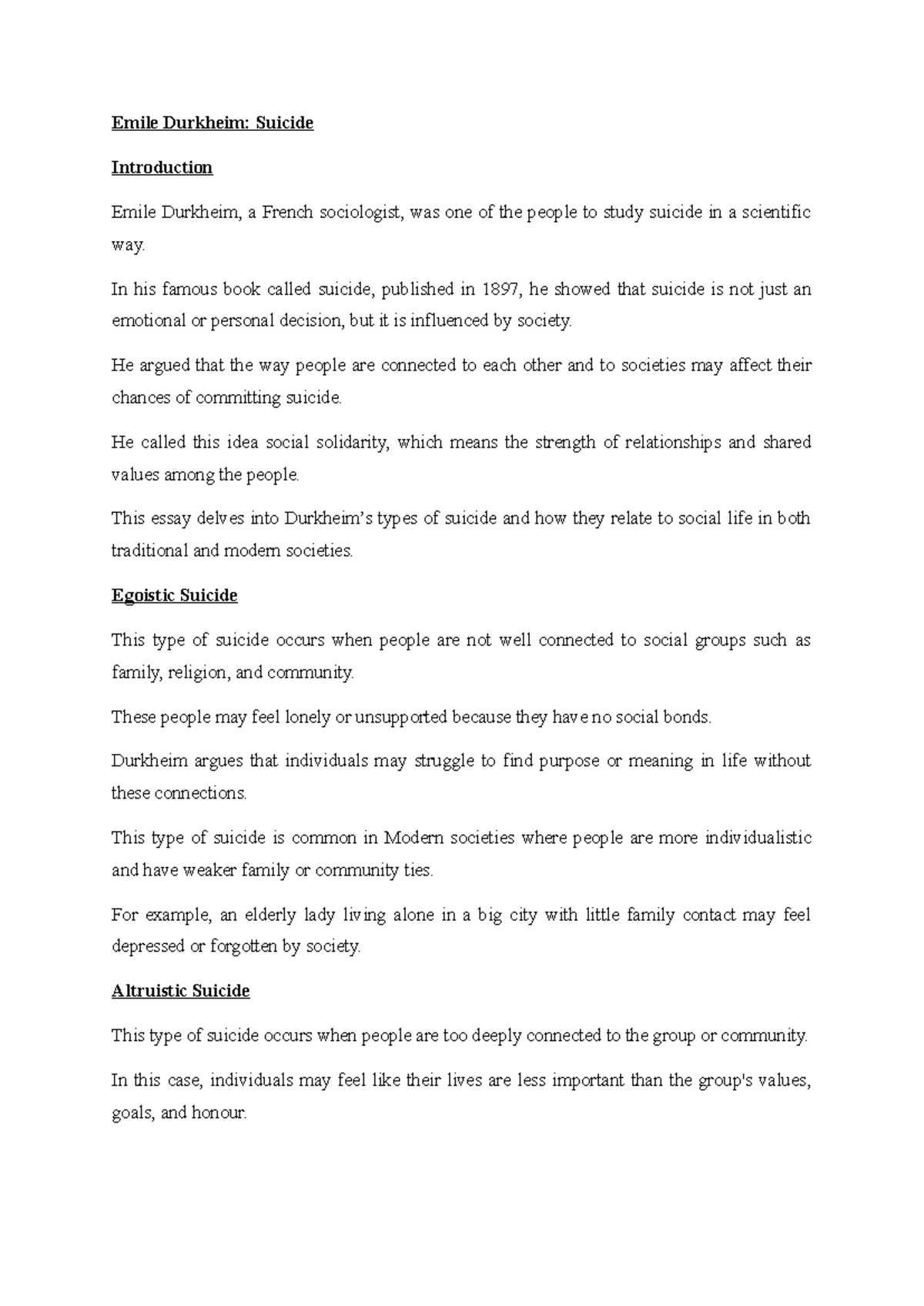 SOCY 101: Essay on Emile Durkheim's Theory of Suicide - Studocu