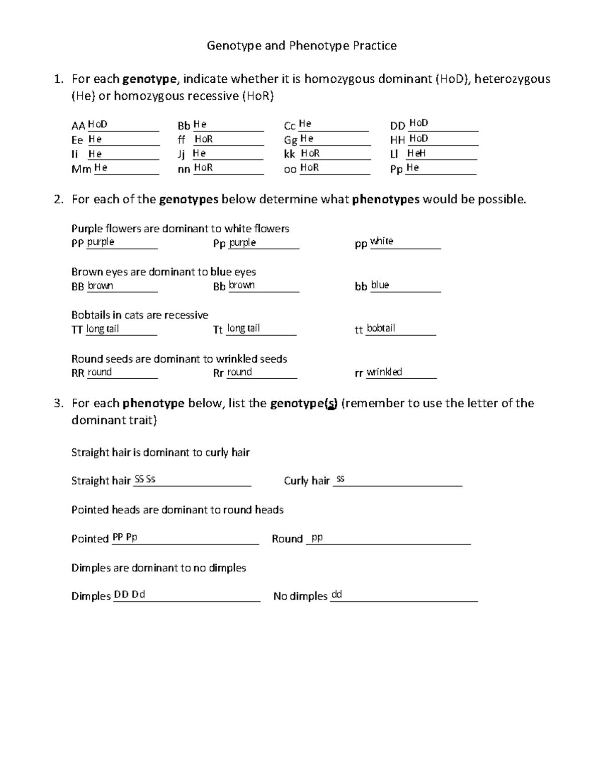 Genotype and Phenotype Practice - Exercise 2 for Biology 101 - Studocu