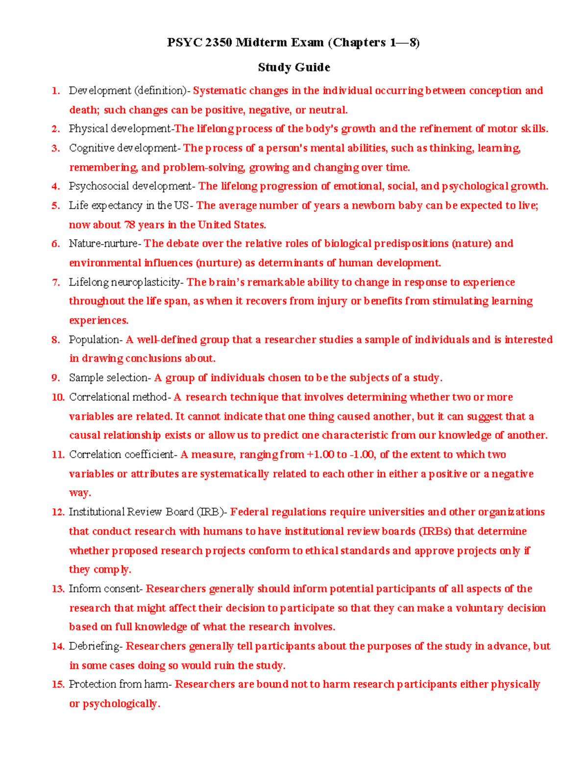 PSYC 2350 Midterm Exam Study Guide: Key Concepts from Chapters 1-8 - Studocu