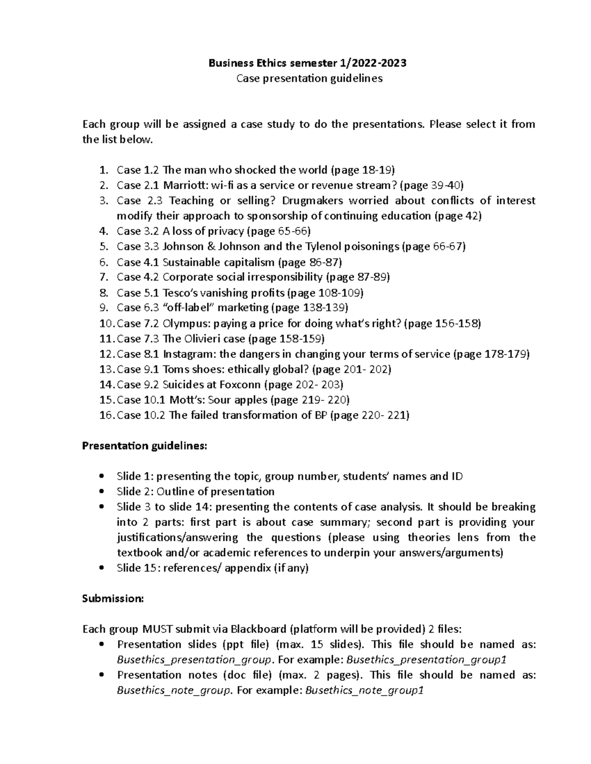 Group presentation guidelines 22-23-s1 - Business Ethics semester 1/ ...