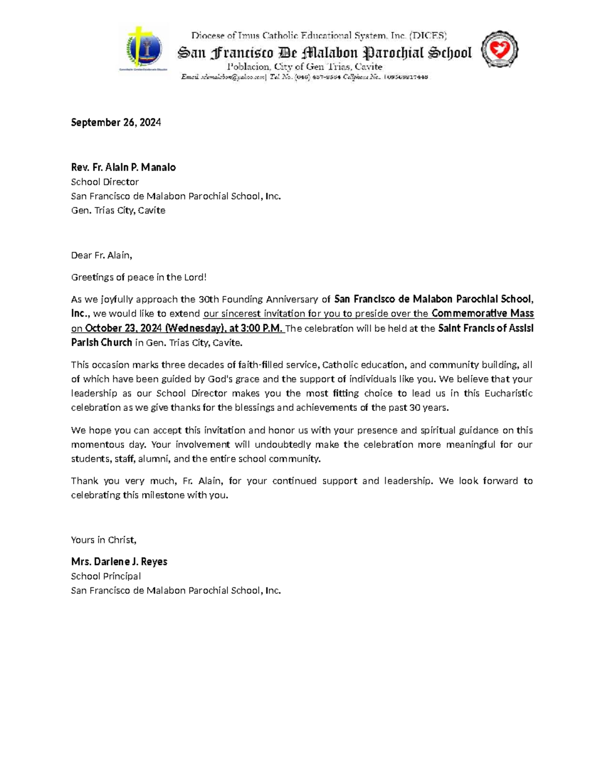 Invitation Letter for Commemorative Mass - 30th Founding Anniversary ...