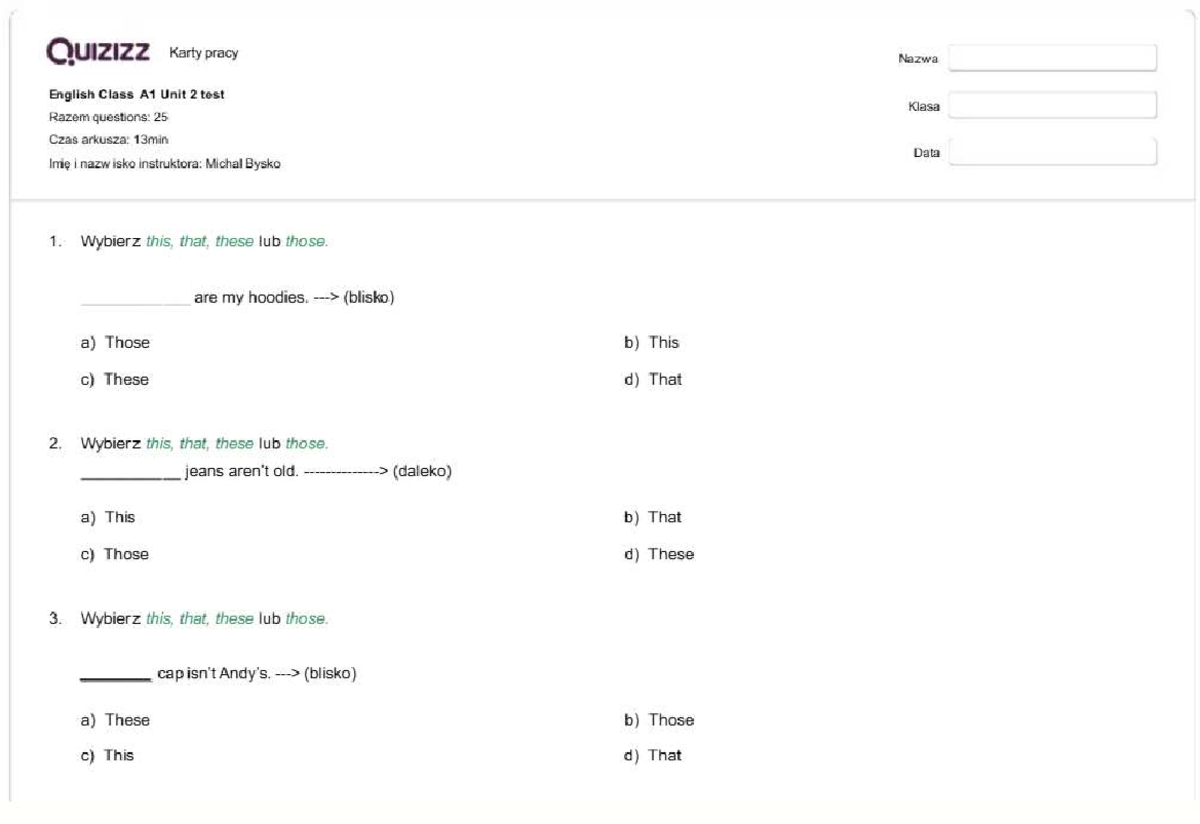 QUIZ A1 English Class Unit 2 - Test Questions and Answers - Studocu