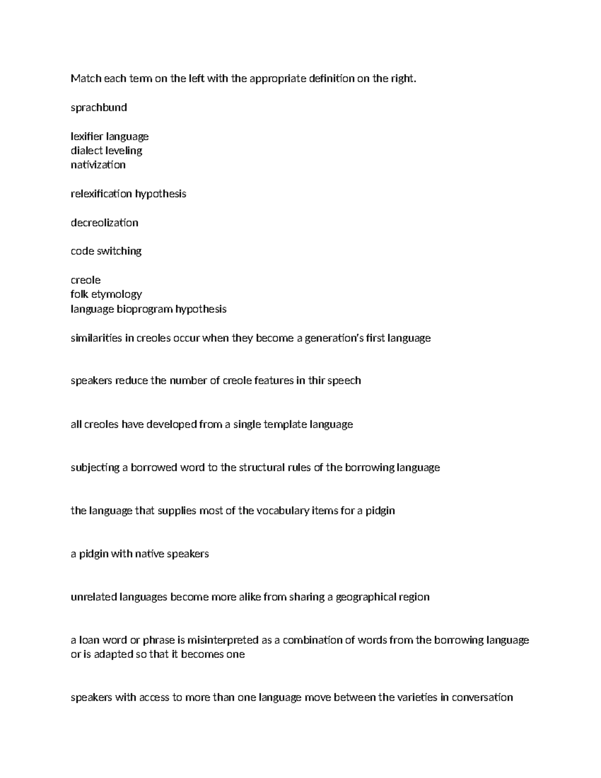 Match Terms with Definitions: Linguistic Concepts Explained - Studocu