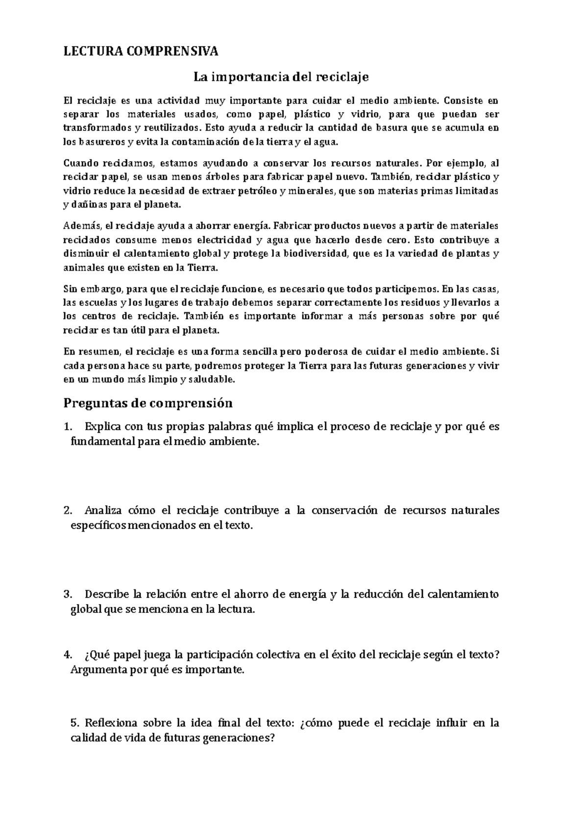 LECTURA COMPRENSIVA 10th: La Importancia del Reciclaje y su Impacto ...