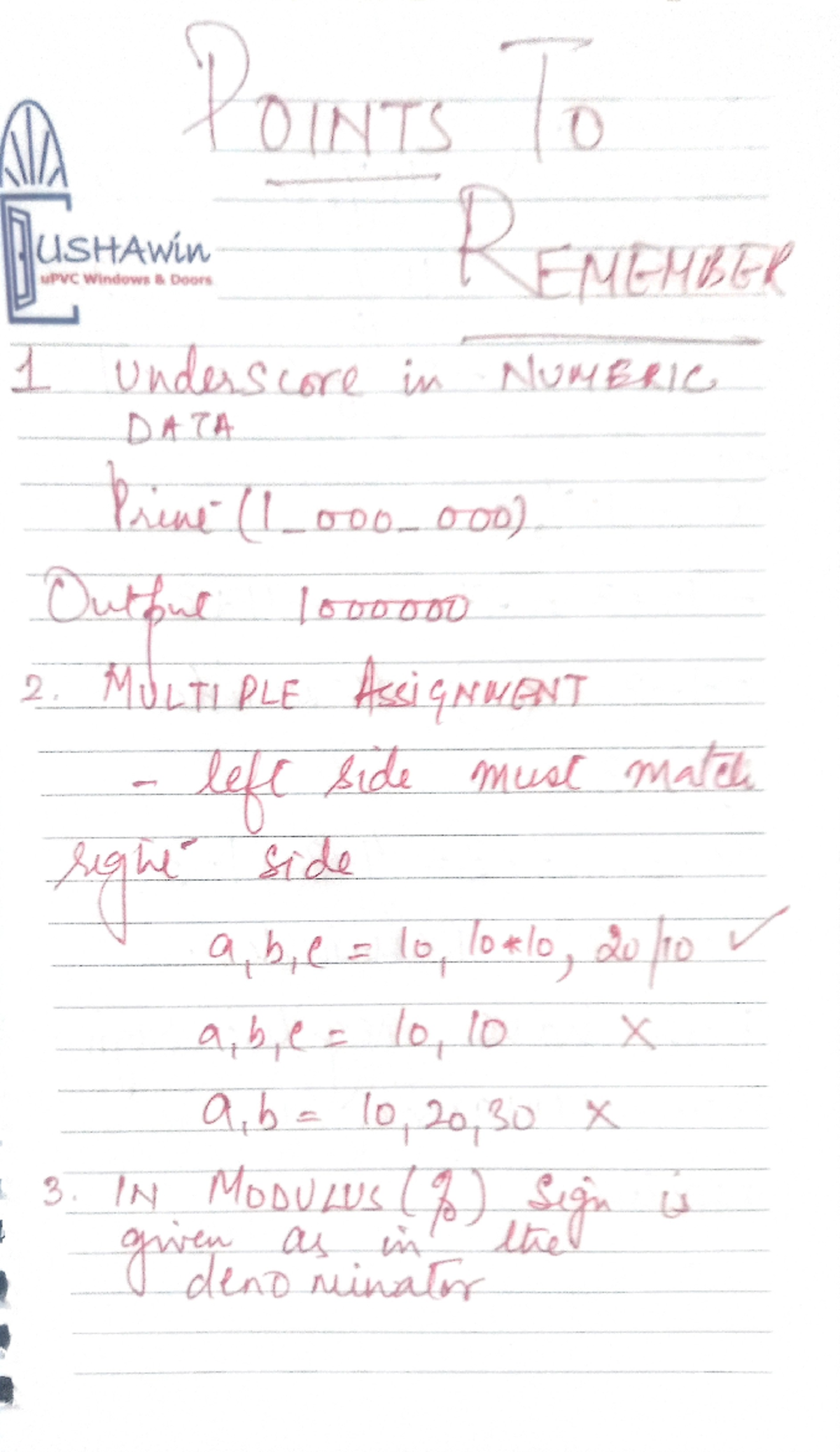 Python points to remember - POINTS To USHAWin uPVC Windows Doors REMEMBER 1 underscore in ...