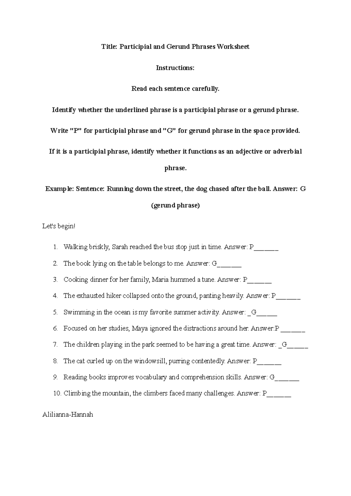 Participial and Gerund Phrases Worksheet (ENG101) - Studocu