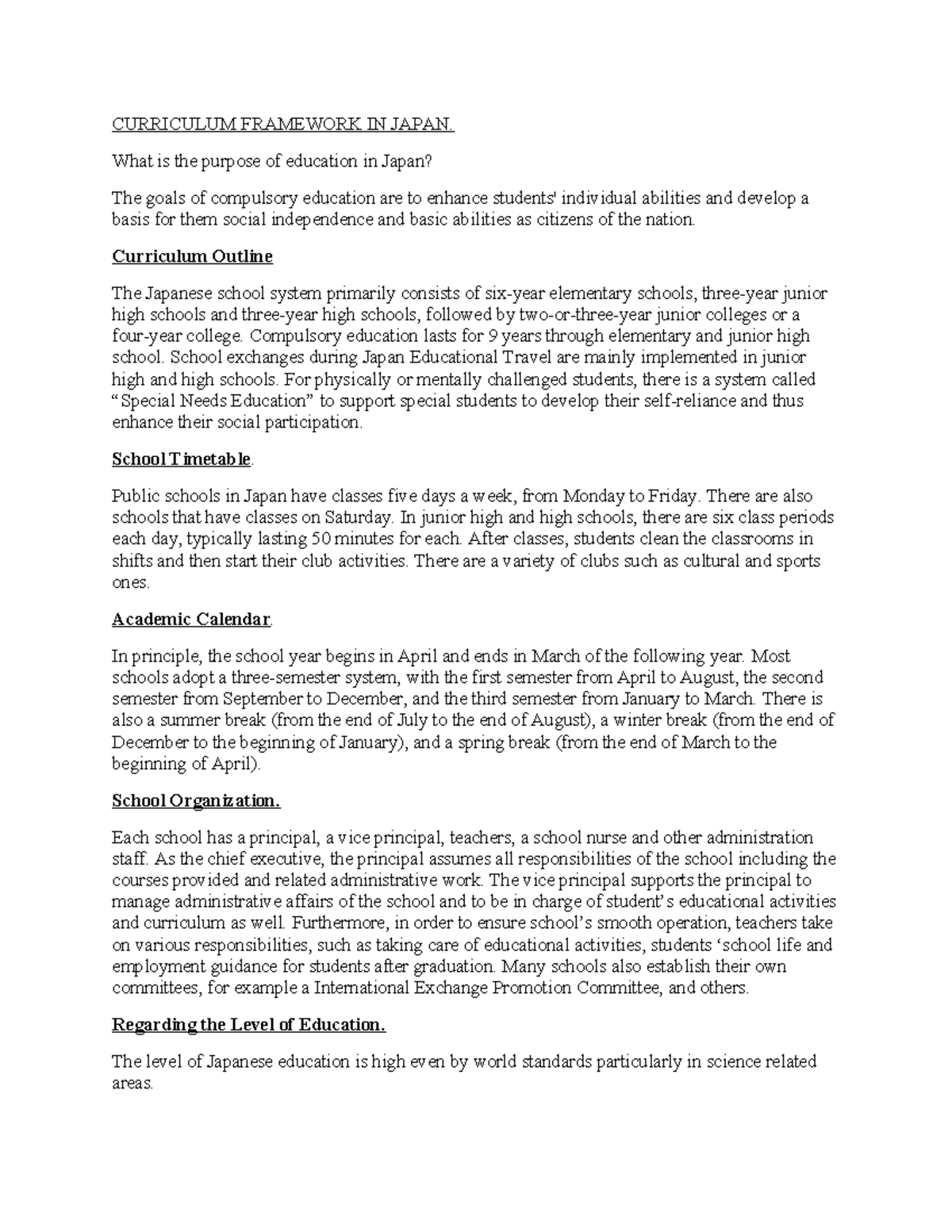 Curriculum Framework in Japan: Educational Insights and Overview - Studocu