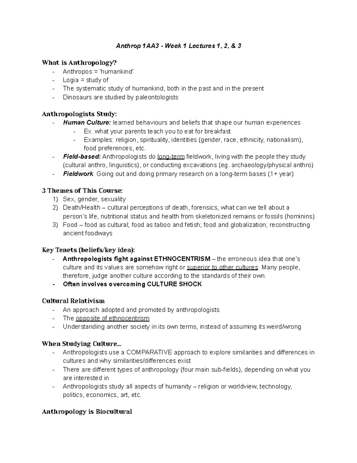 Anthro 1AA3 Week 1 Lecture Notes: Understanding Anthropology Concepts ...