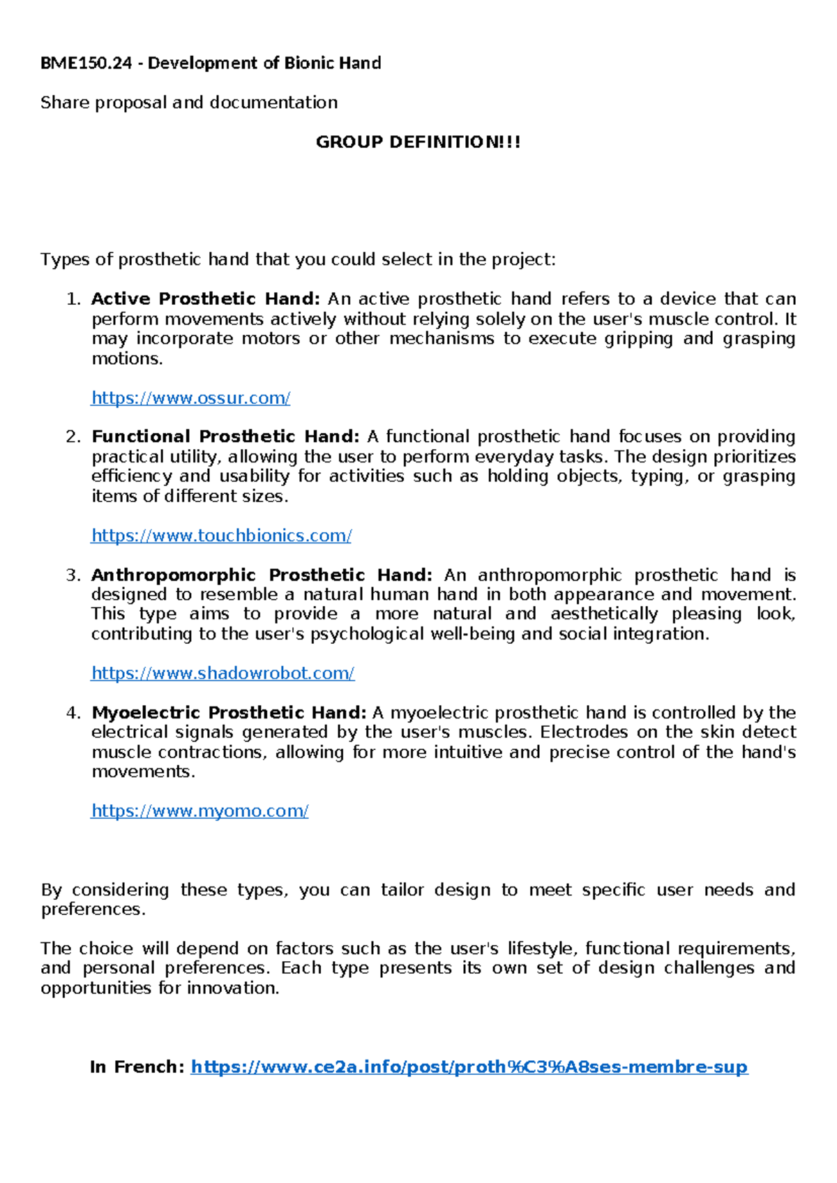 BME150.24 Proposal #1: Development of Bionic Hand Design - Studocu