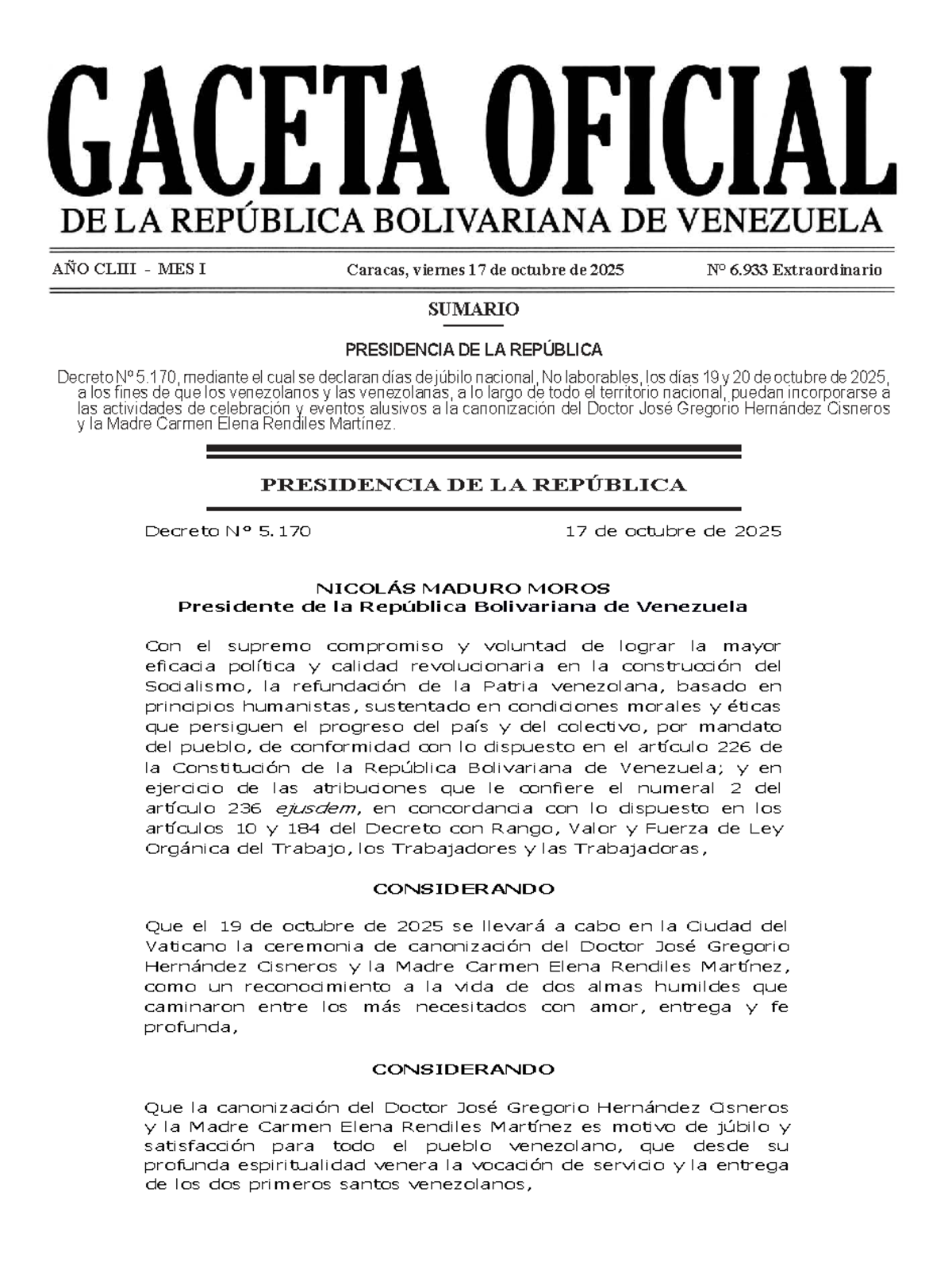 Gaceta Oficial Extraordinaria 6.933: Días de Júbilo Nacional 2025 - Studocu