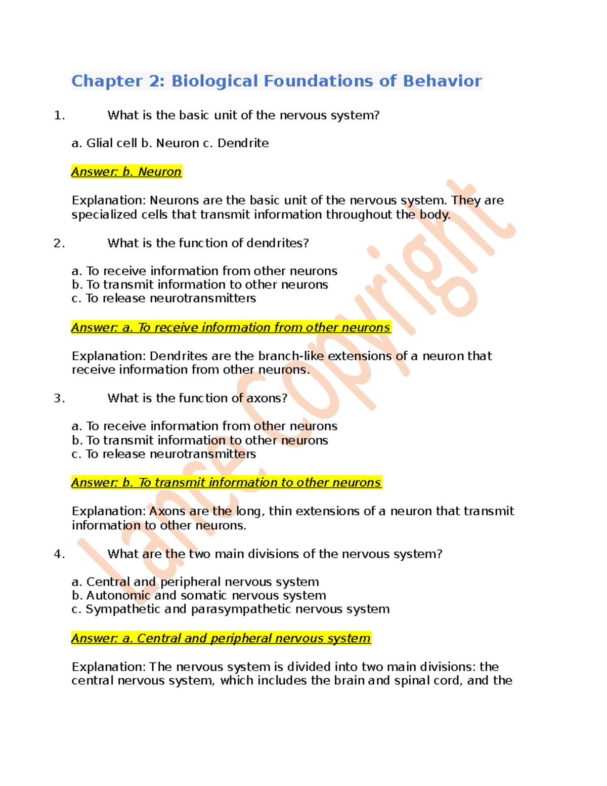 Chapter 2 Biological Foundations of Behavior Exercises - Chapter 2 ...