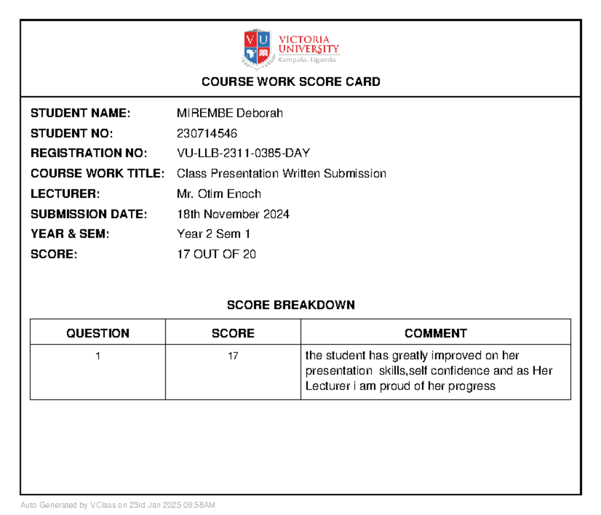 Administrative law written presentation - COURSE WORK SCORE CARD ...