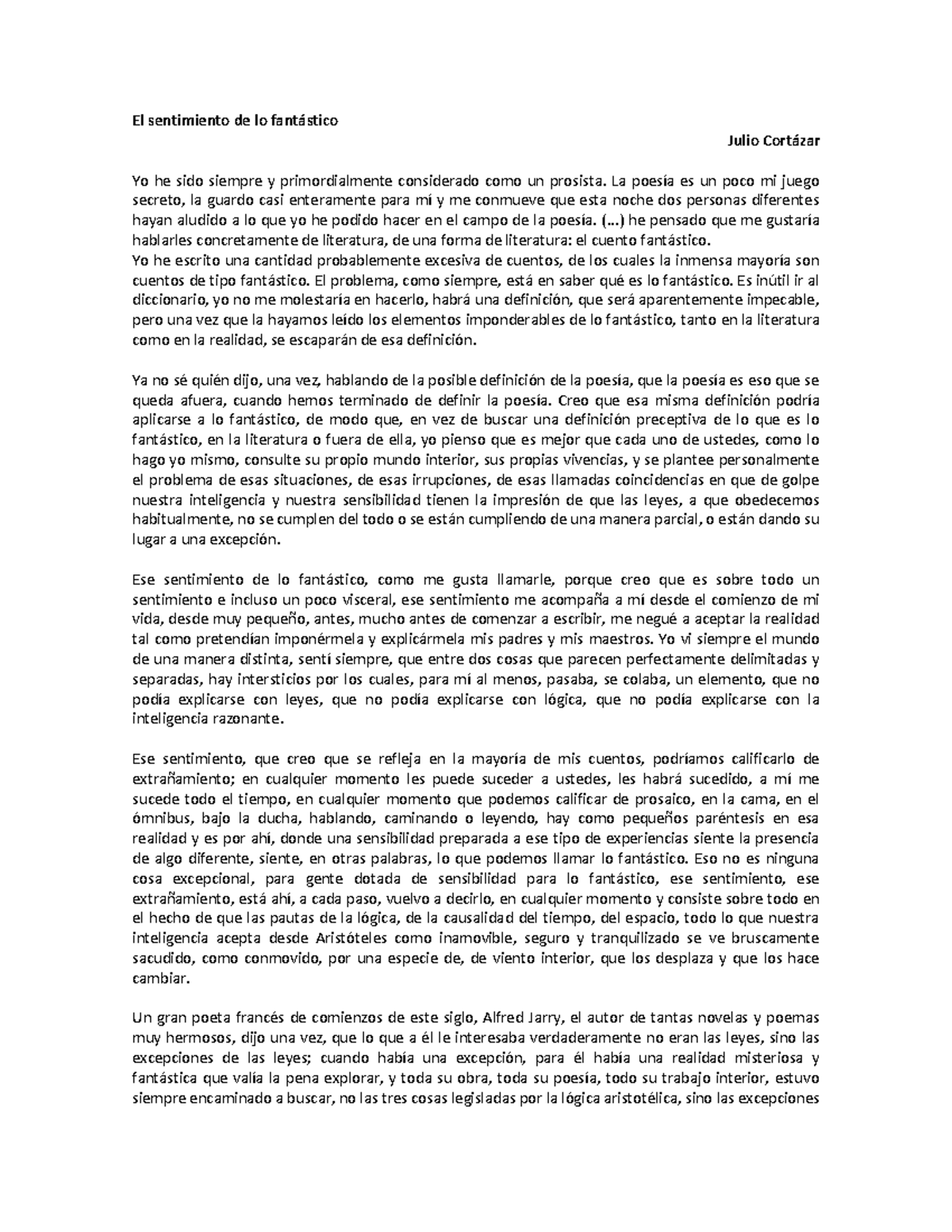 El Sentimiento de lo Fantástico en la Obra de Julio Cortázar - 3A1 ...