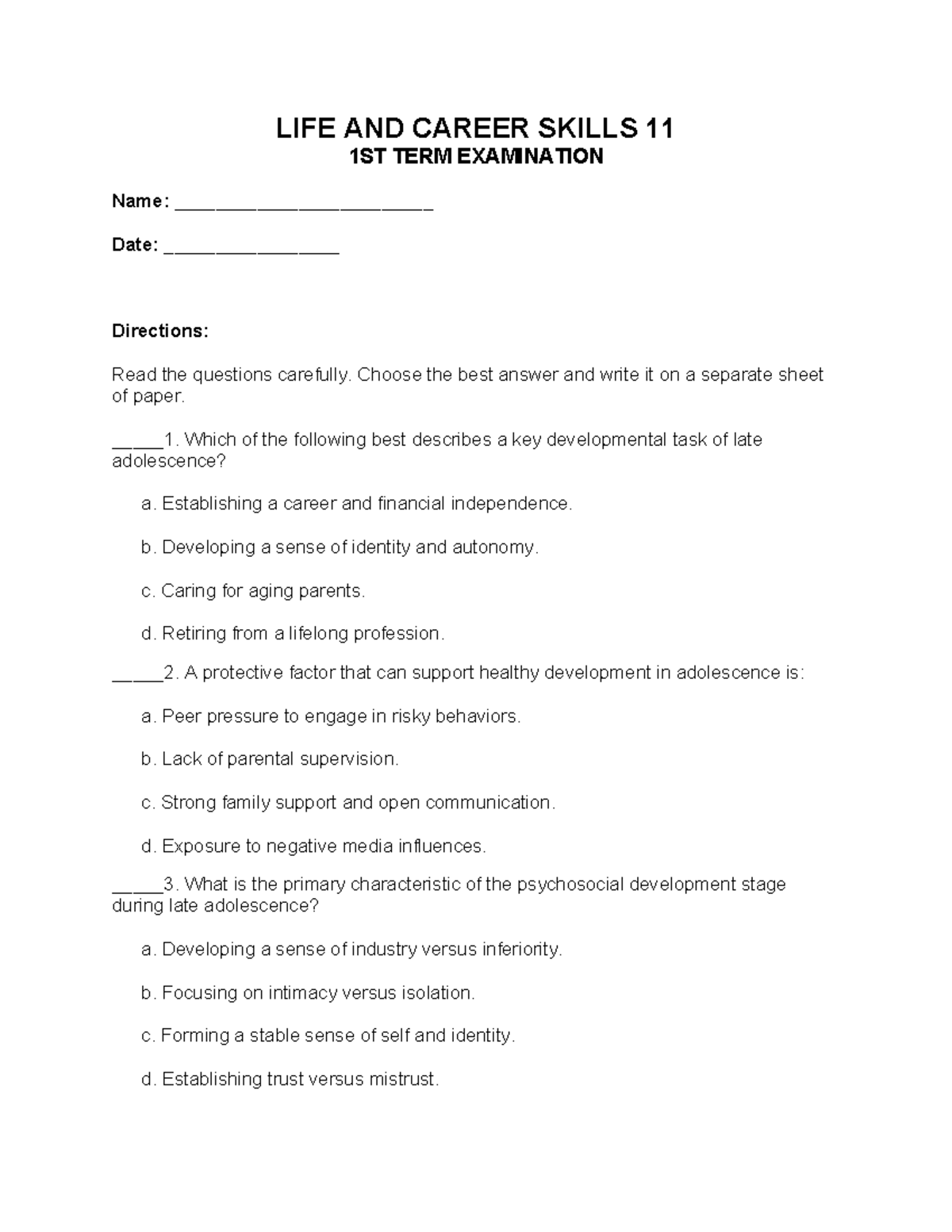 [G11] Life and Career Skills - 1st Term Exam Review - Studocu