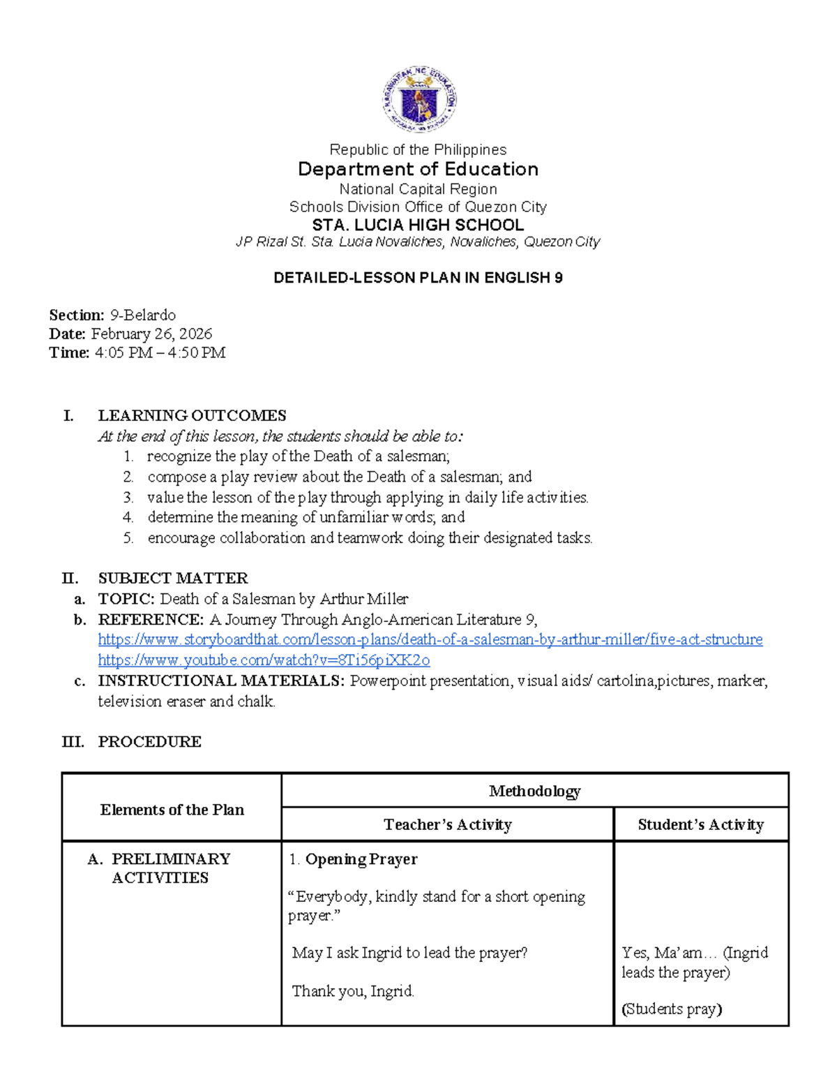 Lesson Plan: Death of a Salesman - English 9 (Feb 26, 2026) - Studocu