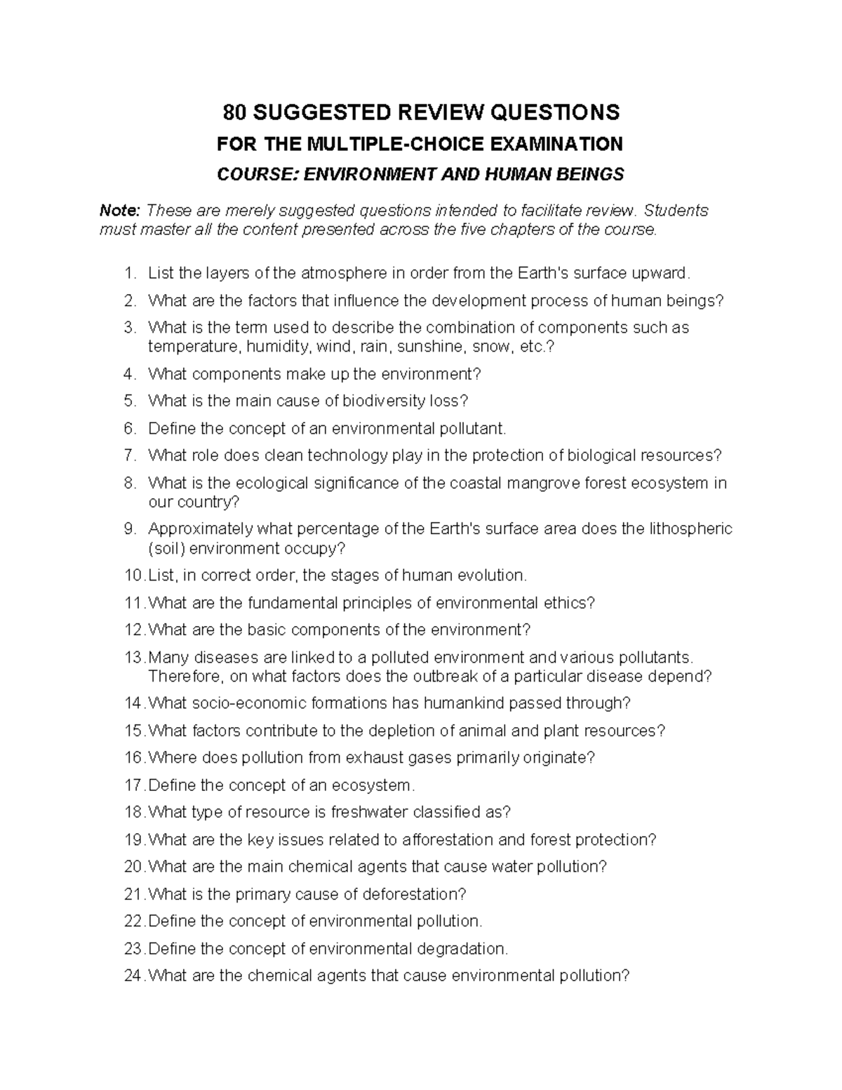 80 Suggested Review Questions for Environment and Humans EN - Studocu