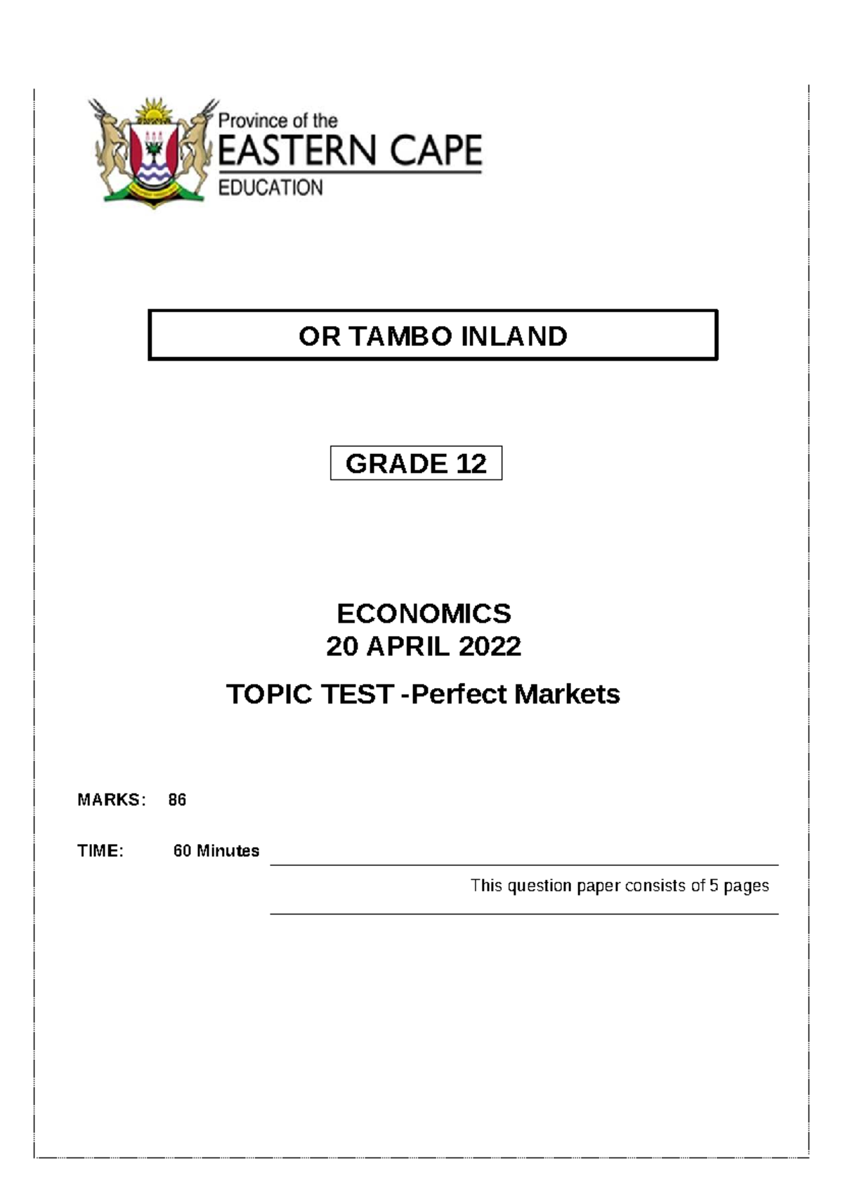 Grade 12 Economics Topic Test: Perfect Market (April 2022) - Studocu