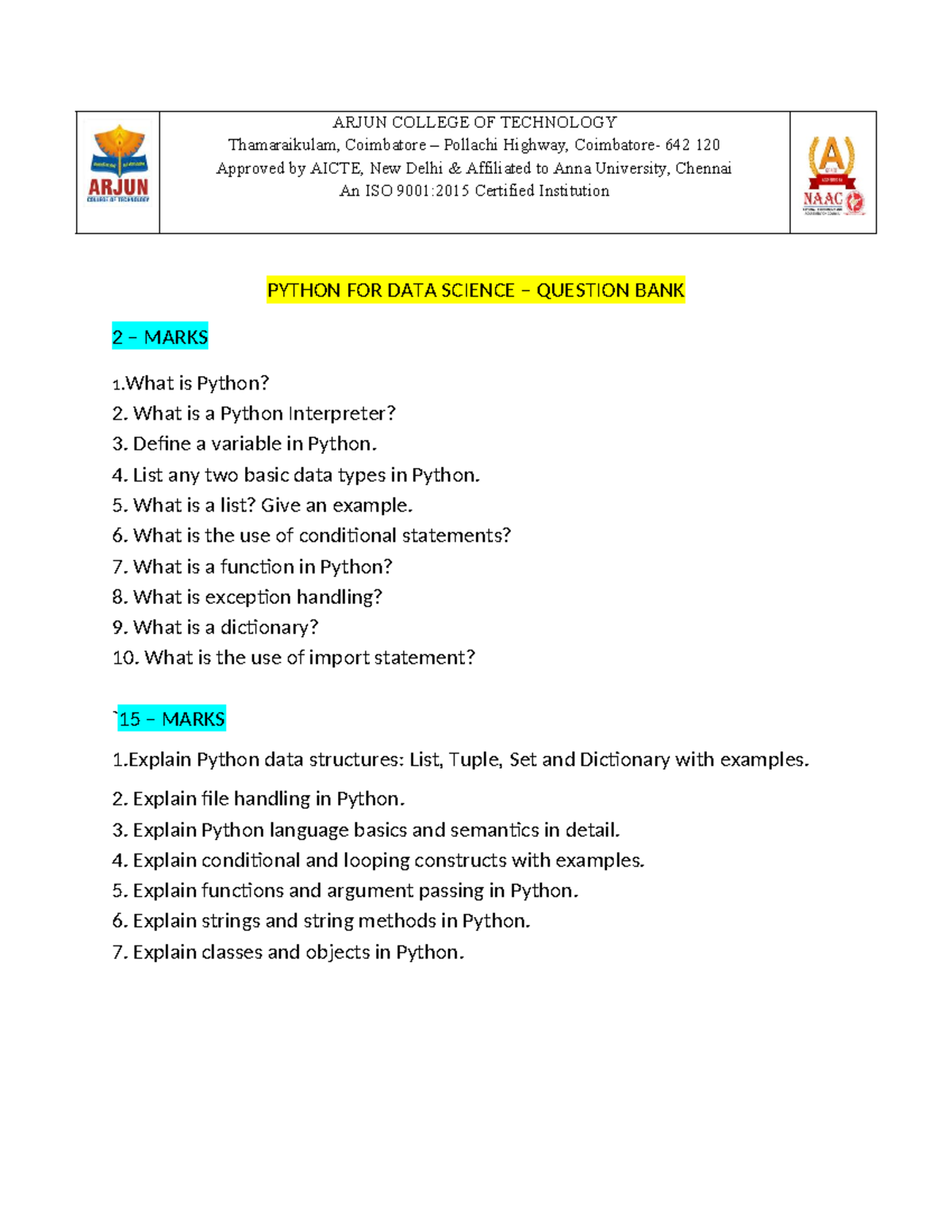 PDS 2 Marks Question Bank for Python Data Science - Studocu