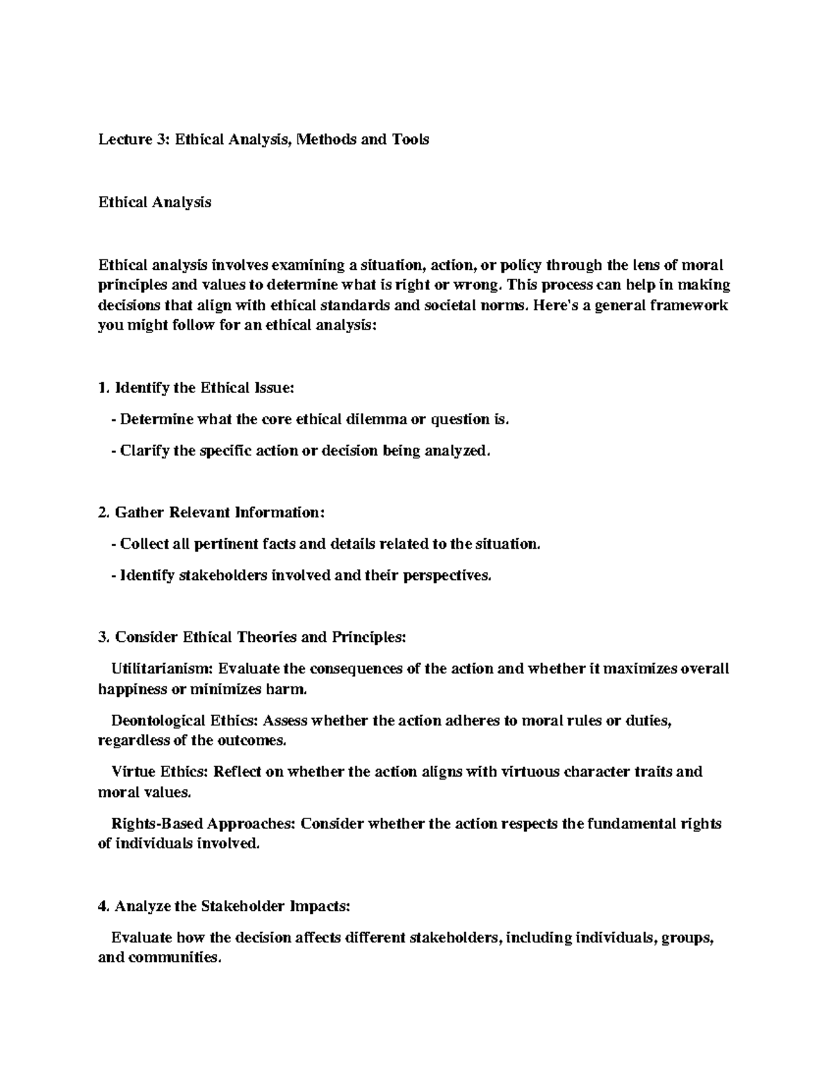 Lecture 3 - Ethical Analysis: Methods, Tools, and Frameworks - Studocu