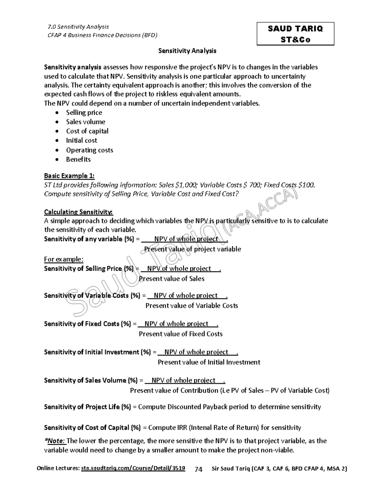 CFAP 4 BFD: Detailed Sensitivity Analysis for Project NPV Evaluation ...
