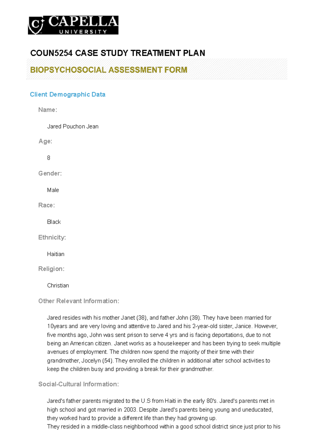 COUN5254 CASE STUDY: Treatment Plan for Jared Pouchon Jean - Studocu