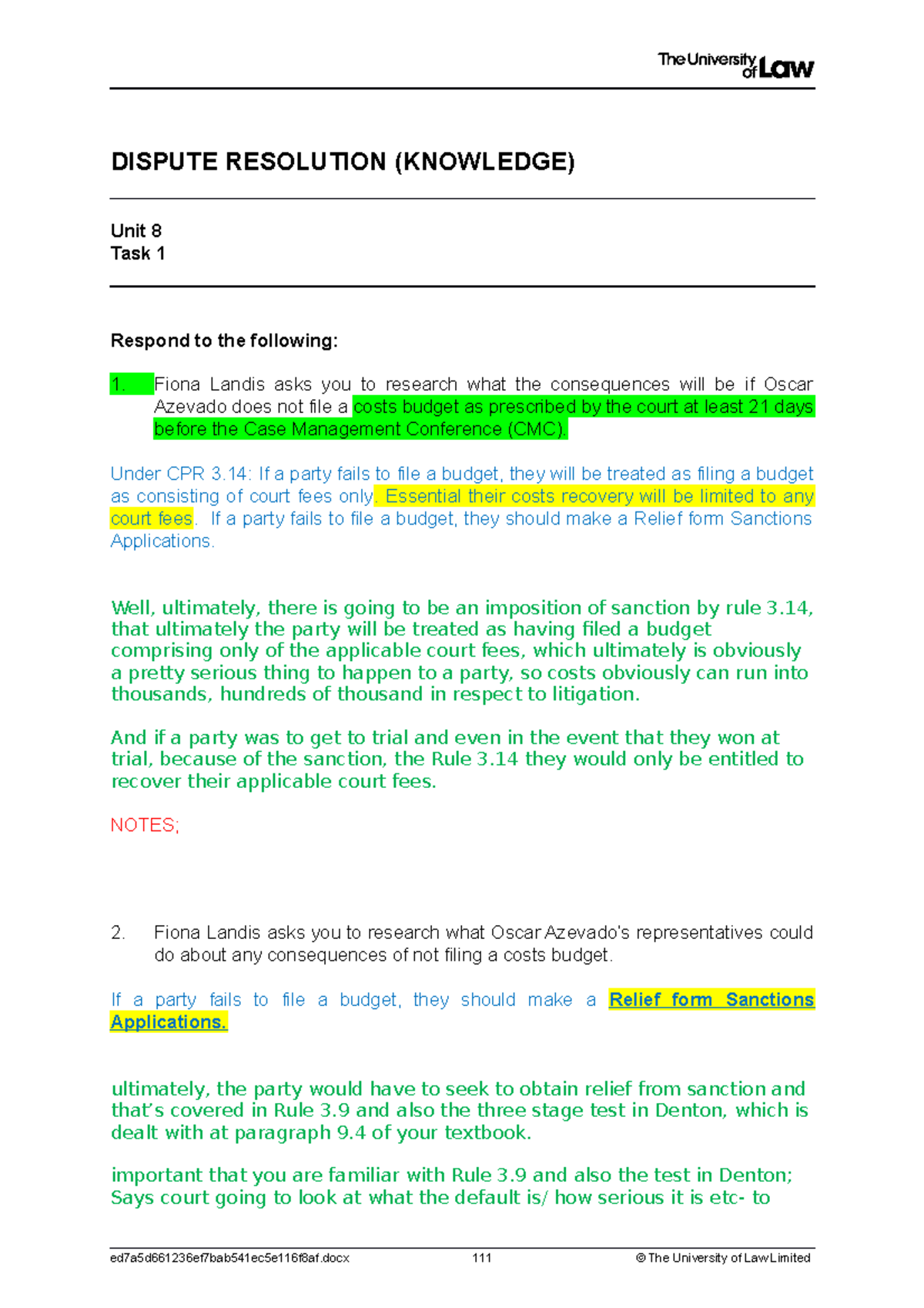 Dispute Worskhop 8 Tasks - DISPUTE RESOLUTION (KNOWLEDGE) Unit 8 Task 1 ...