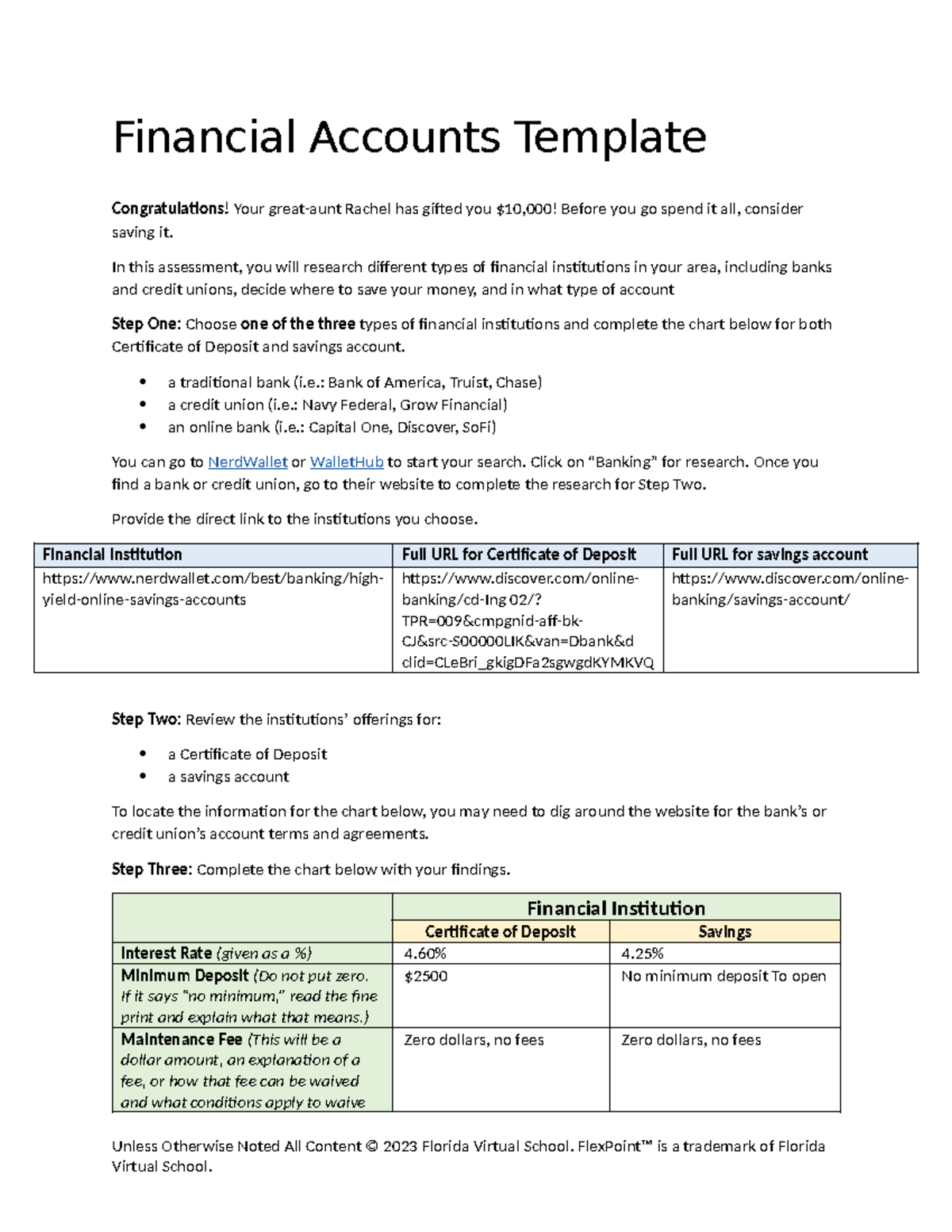 FLVS Financial Accounts Research Template for Savings & CDs - Studocu