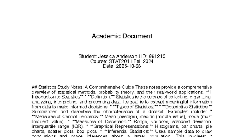 STAT201 Fall 2024: Comprehensive Statistics Study Notes - Studocu