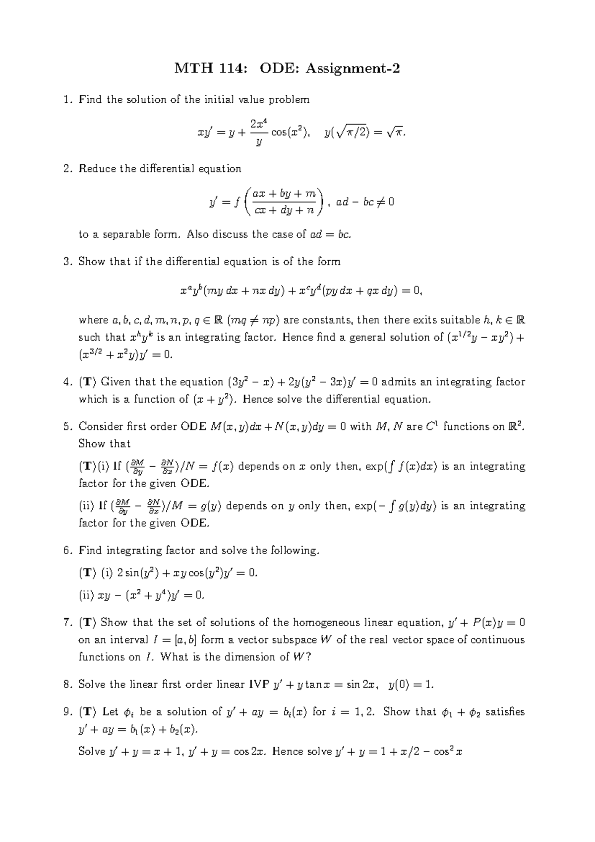 MTH 114: ODE Assignment 2 - Solutions to Initial Value Problems and Integrating Factors - Studocu