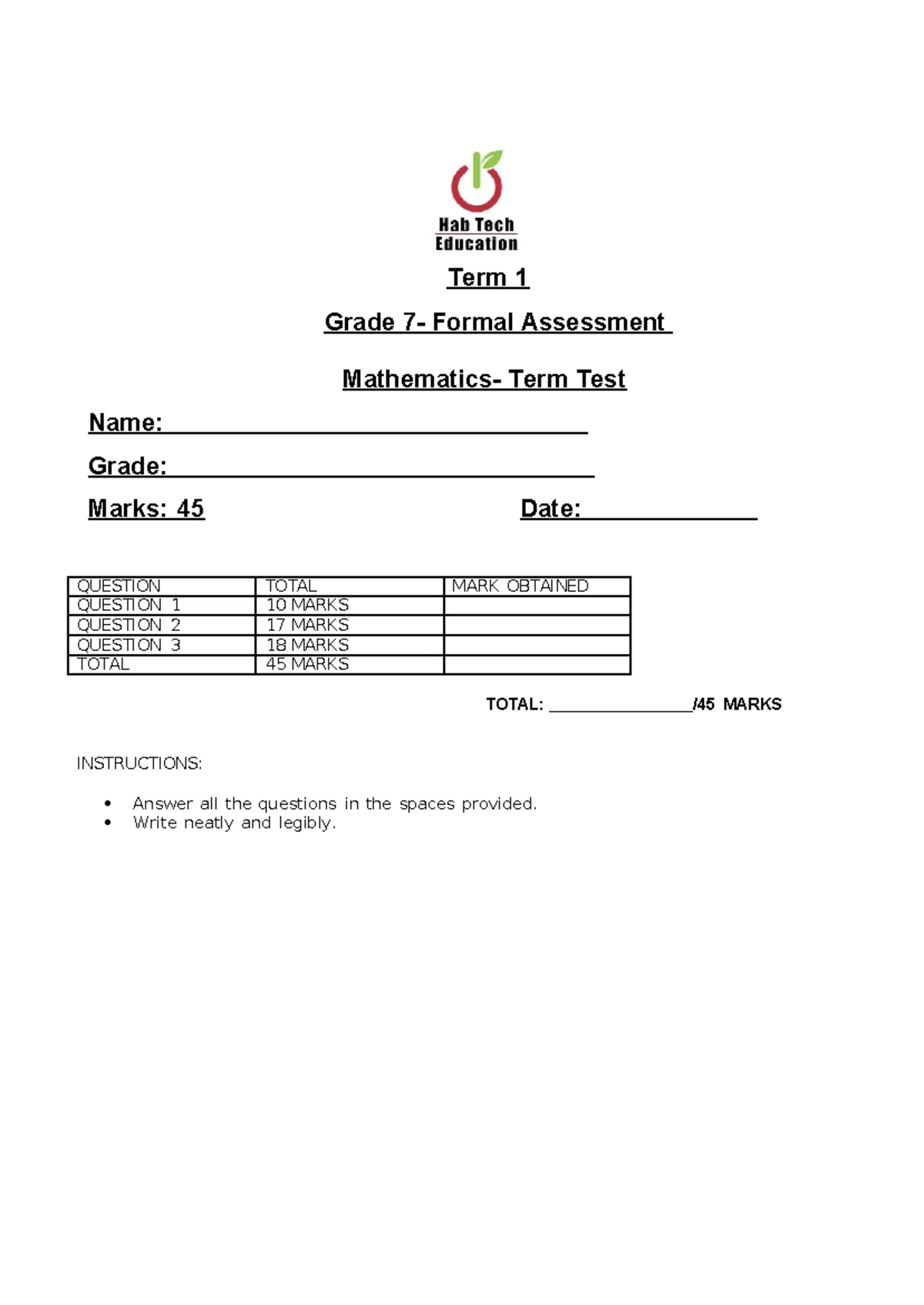 Grade 7 Mathematics Term Test Term 1 Grade 7 Formal Assessment
